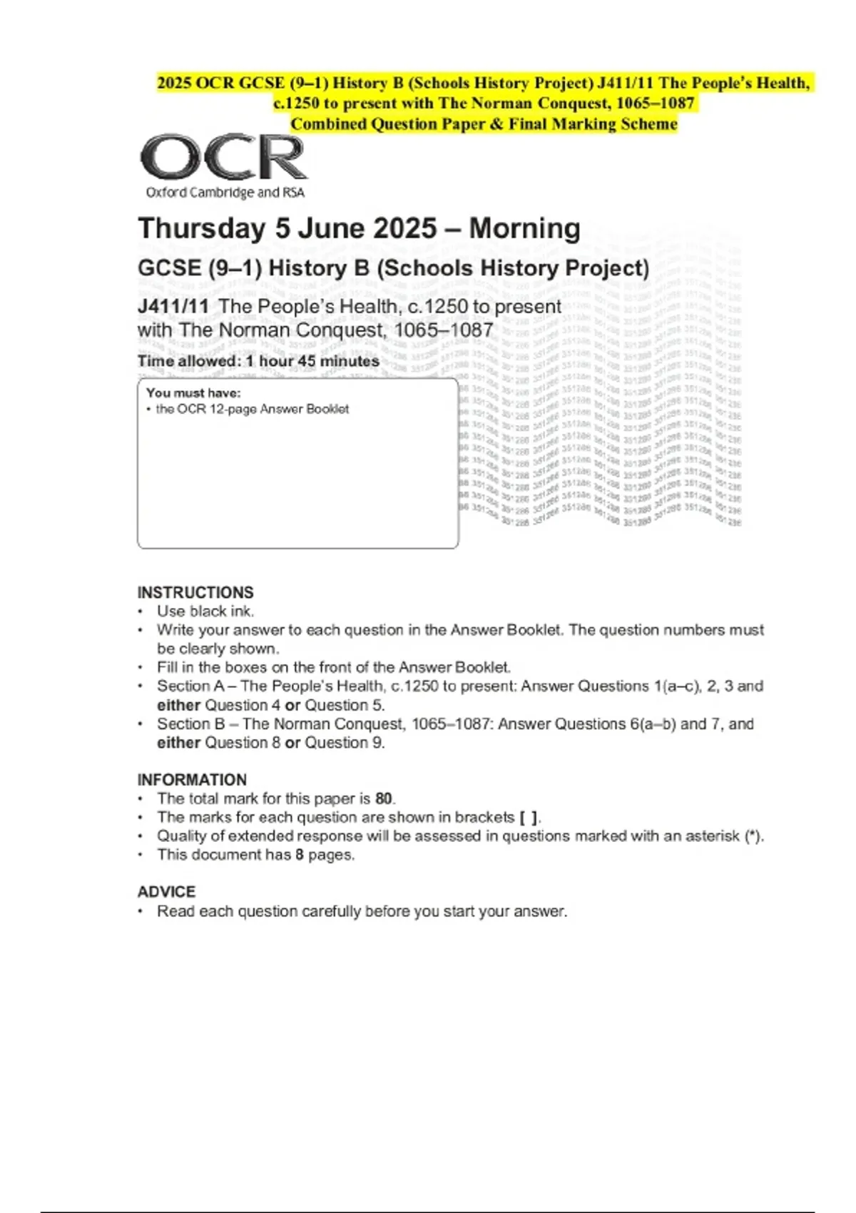 2025 OCR GCSE (9–1) History B (Schools History Project) J411/11 The ...