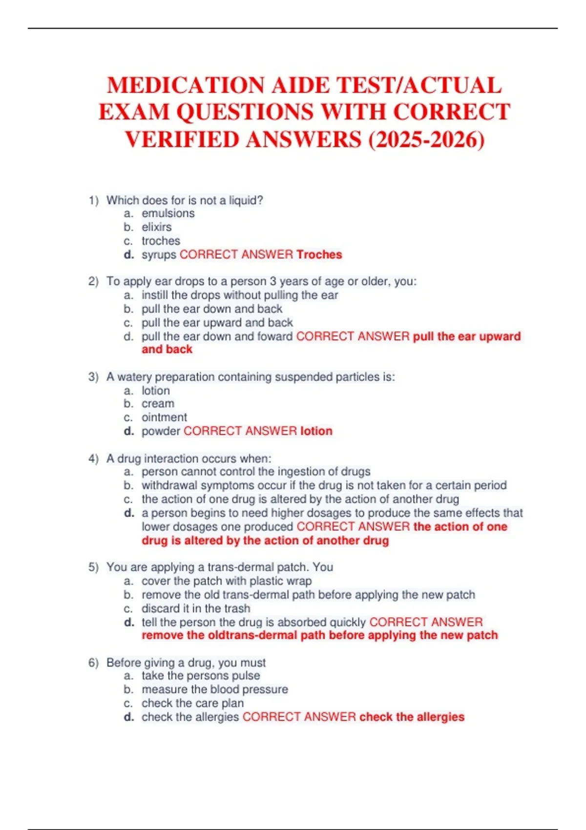 MEDICATION AIDE TEST/ACTUAL EXAM QUESTIONS WITH CORRECT VERIFIED ...