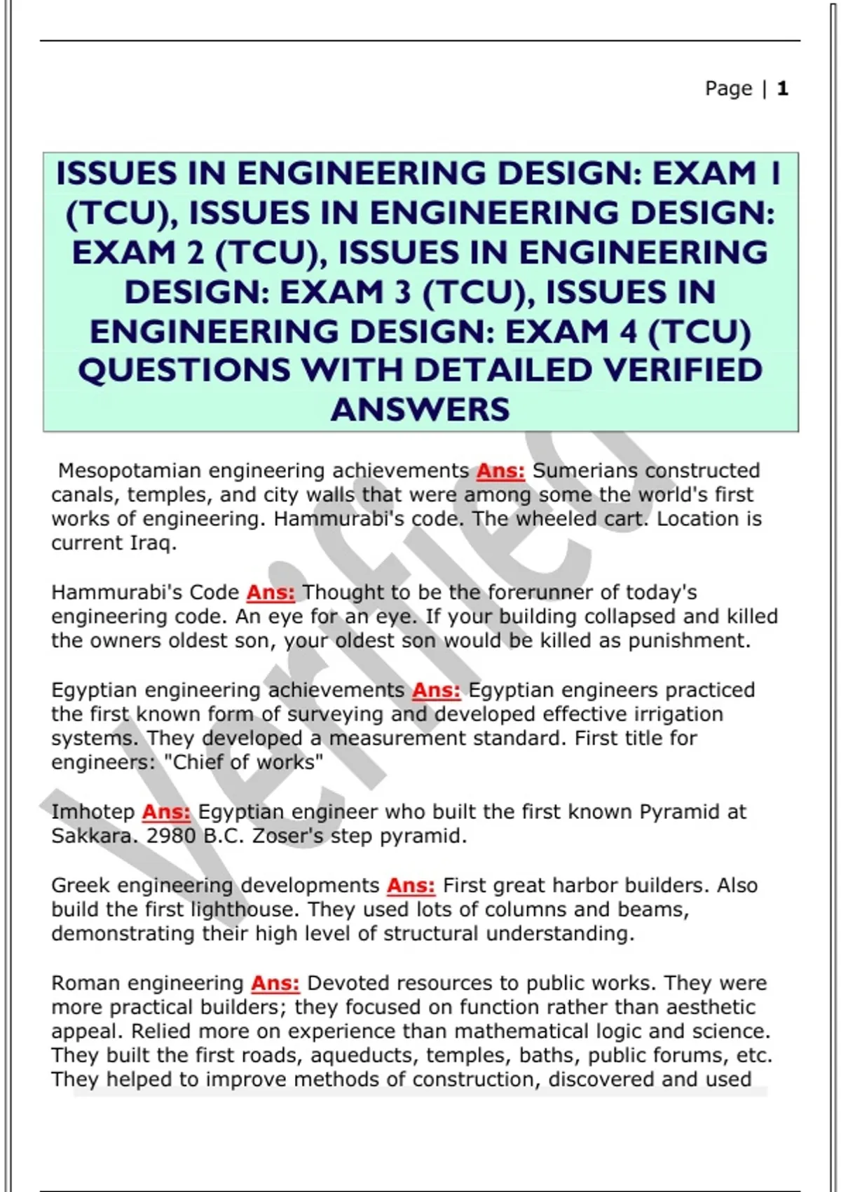 ISSUES IN ENGINEERING DESIGN: EXAM 1 (TCU), ISSUES IN ENGINEERING ...