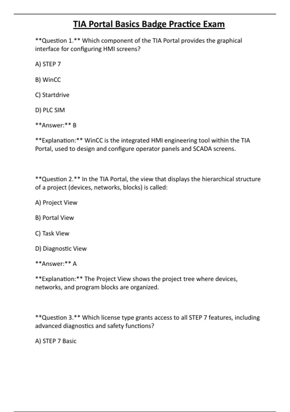 TIA Portal Basics Badge Practice Exam - Computer - Stuvia US