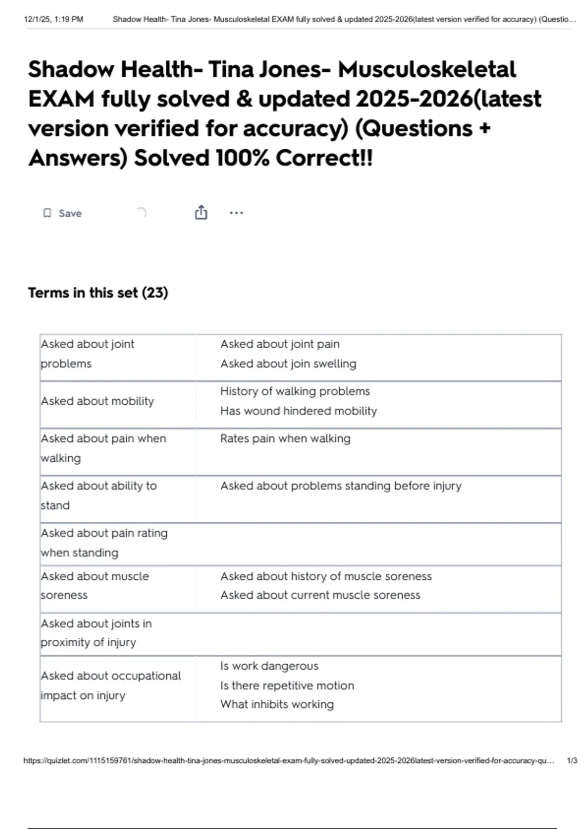 Shadow Health- Tina Jones- Musculoskeletal EXAM fully solved & updated ...