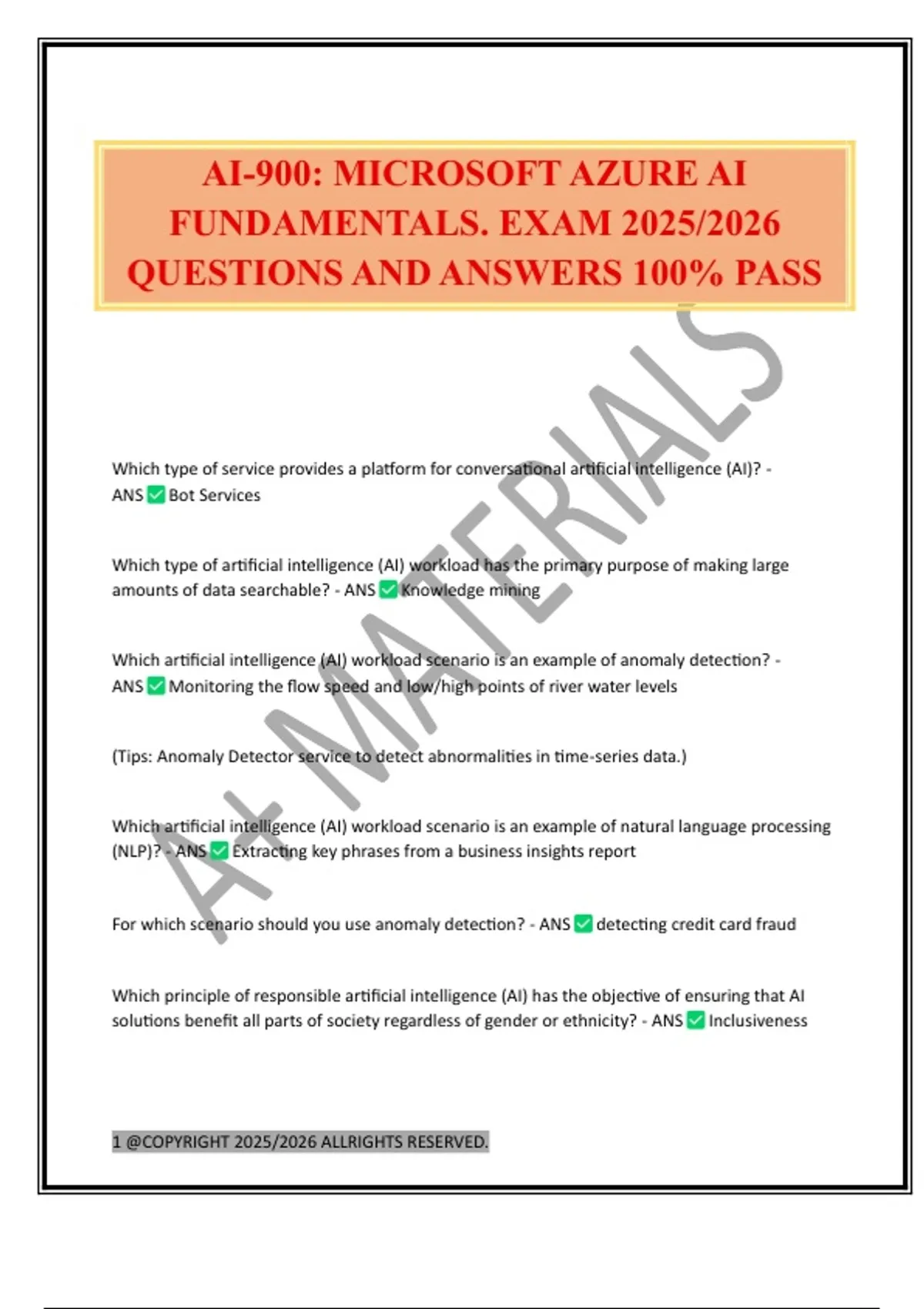 AI-900: MICROSOFT AZURE AI FUNDAMENTALS. EXAM 2025/2026 QUESTIONS AND ...