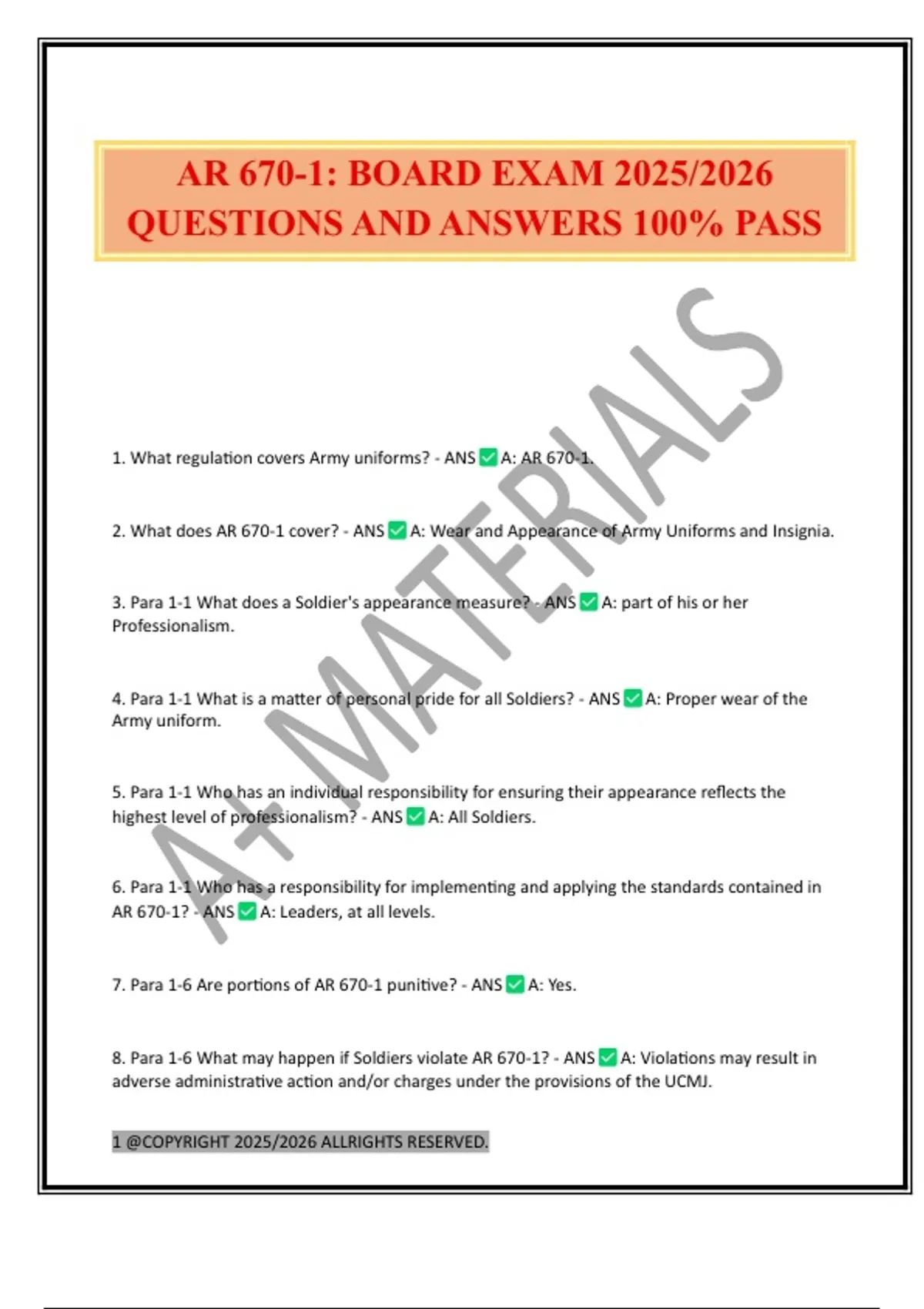 AR 670-1: BOARD EXAM 2025/2026 QUESTIONS AND ANSWERS 100% PASS - AR 670 ...