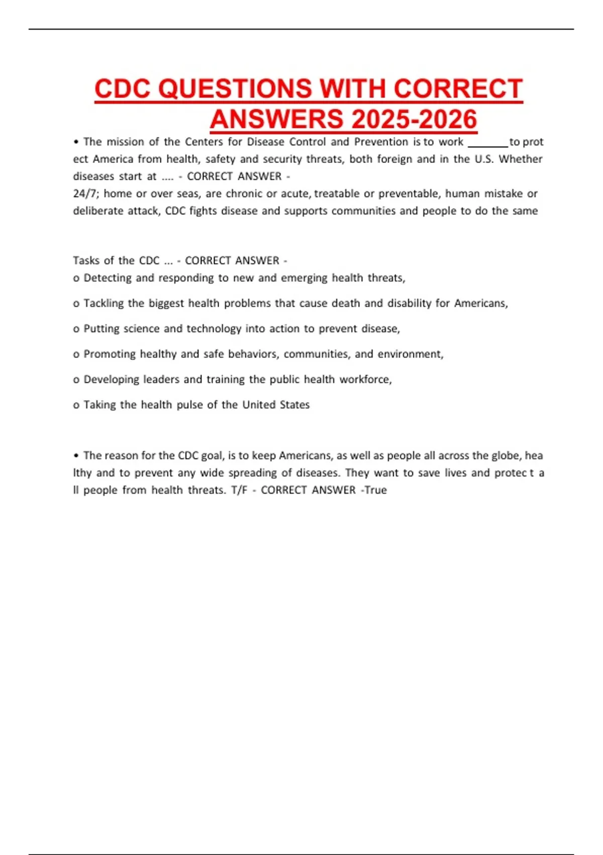 CDC QUESTIONS WITH CORRECT ANSWERS - CDC - Stuvia US