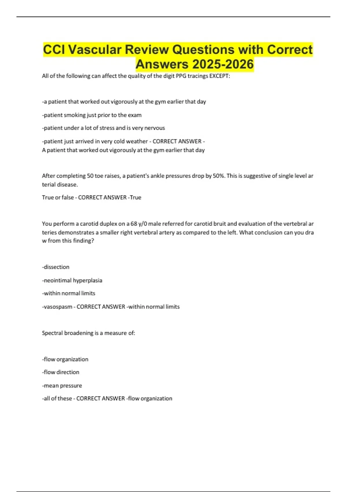CCI Vascular Review Questions with Correct Answers . - CCI - Stuvia US