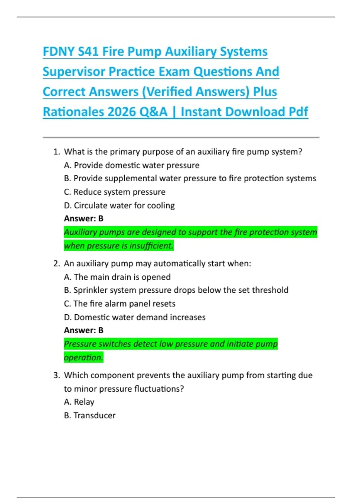 FDNY S41 Fire Pump Auxiliary Systems Supervisor Practice Exam Questions ...