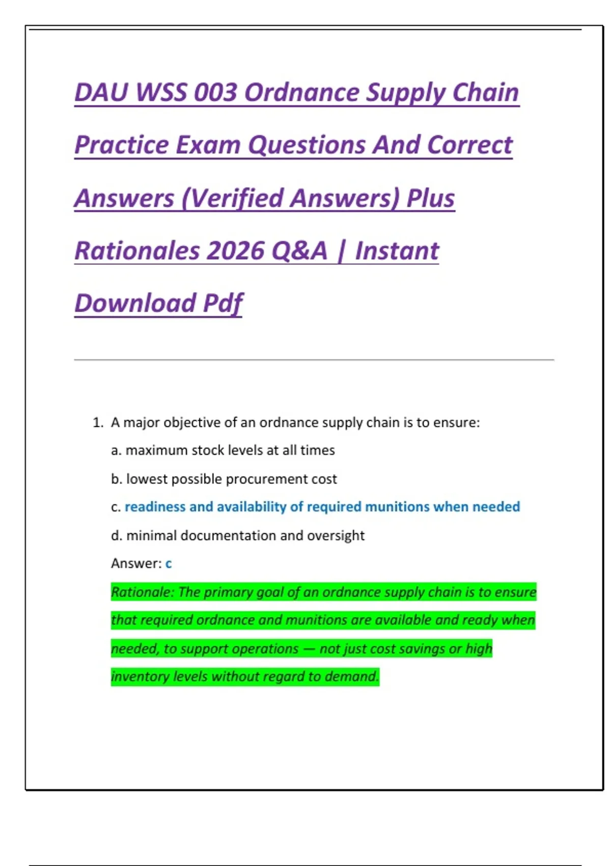 DAU WSS 003 Ordnance Supply Chain Practice Exam Questions And Correct ...