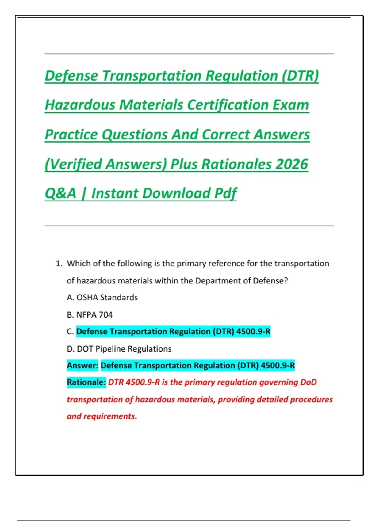 Defense Transportation Regulation (DTR) Hazardous Materials ...