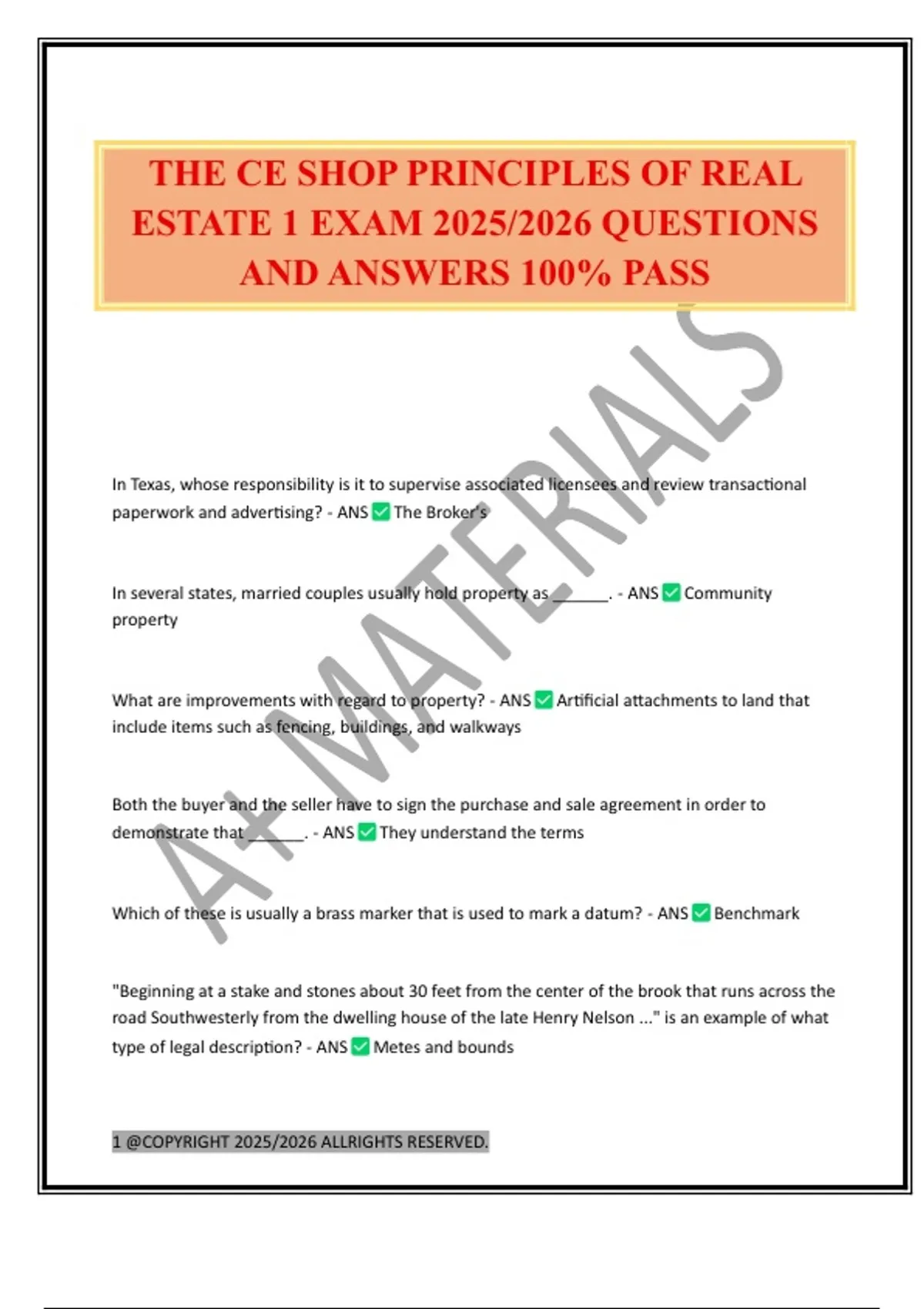 THE CE SHOP PRINCIPLES OF REAL ESTATE 1 EXAM 2025/2026 QUESTIONS AND ...