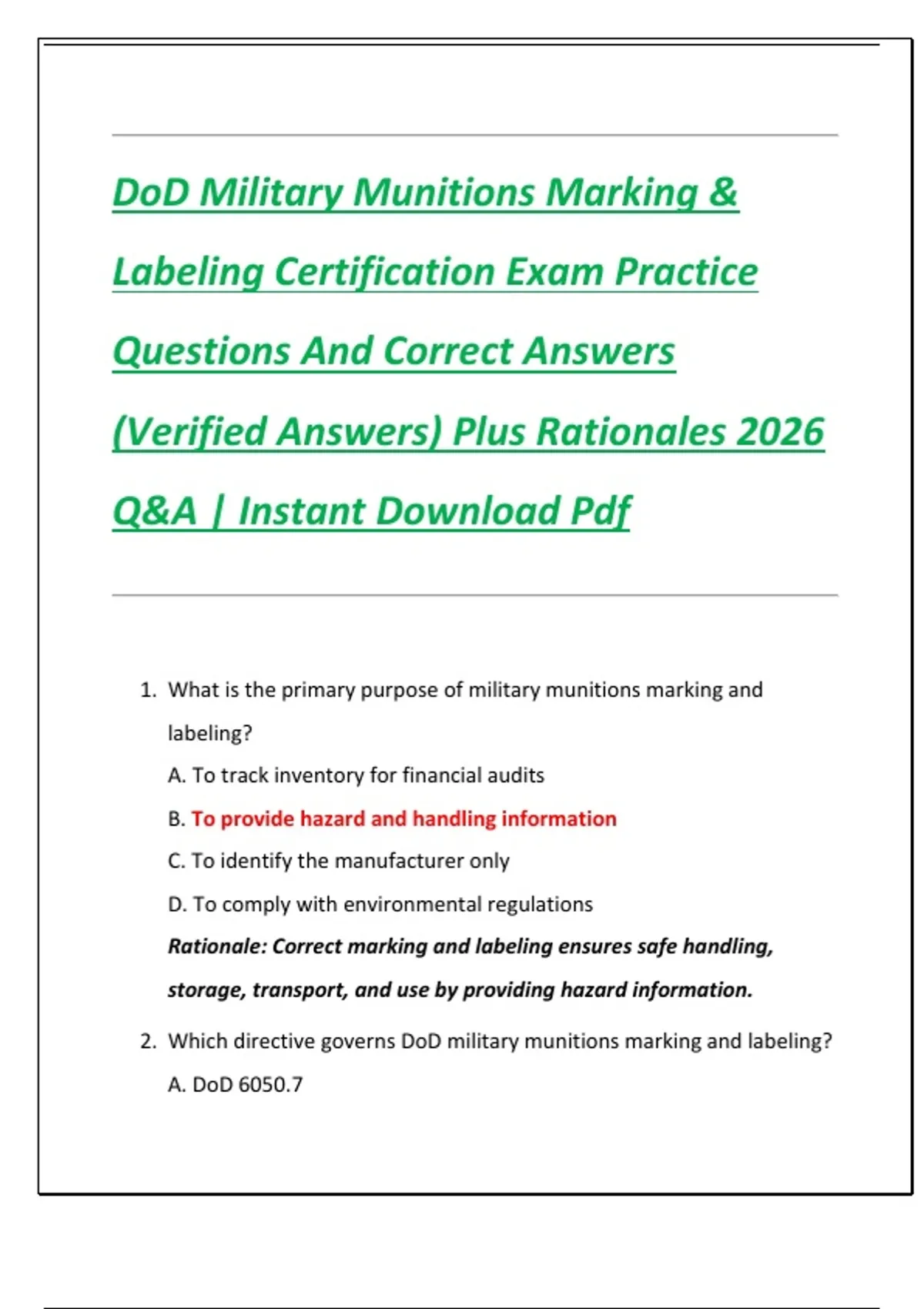 DoD Military Munitions Marking & Labeling Certification Exam Practice ...