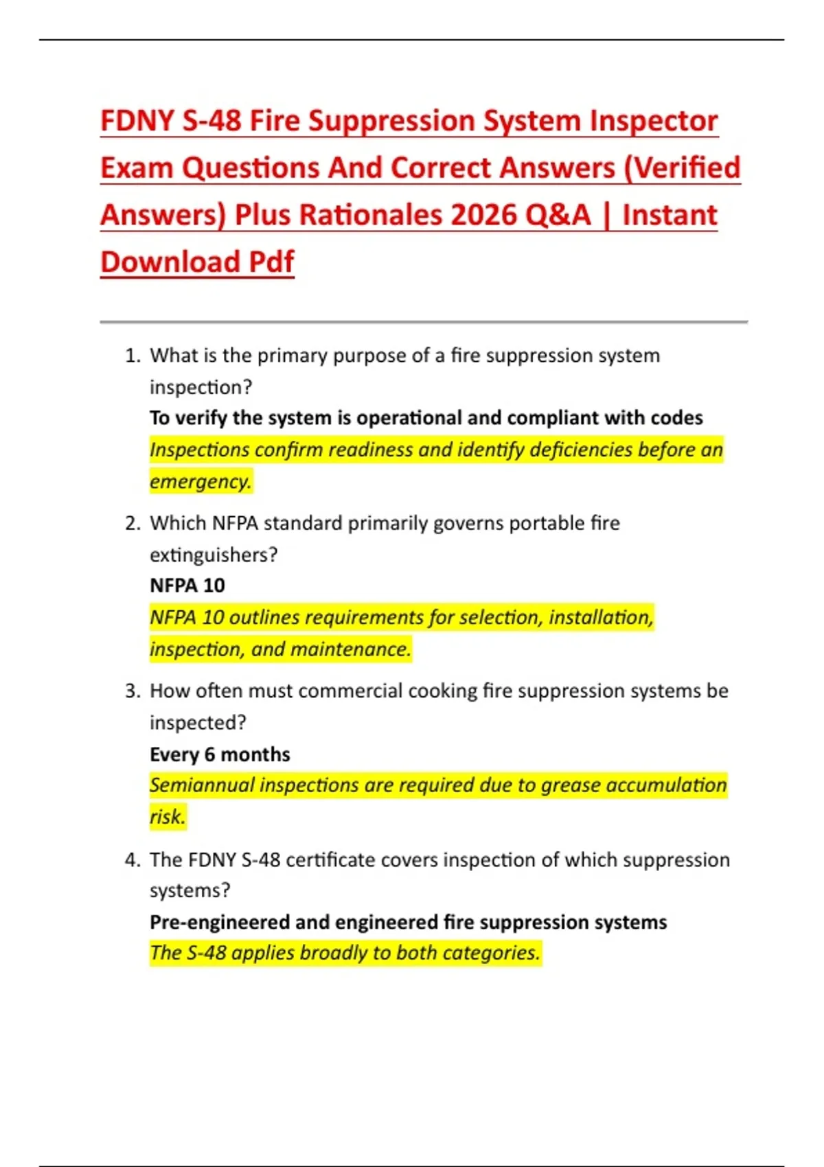 FDNY S-48 Fire Suppression System Inspector Exam Questions And Correct ...