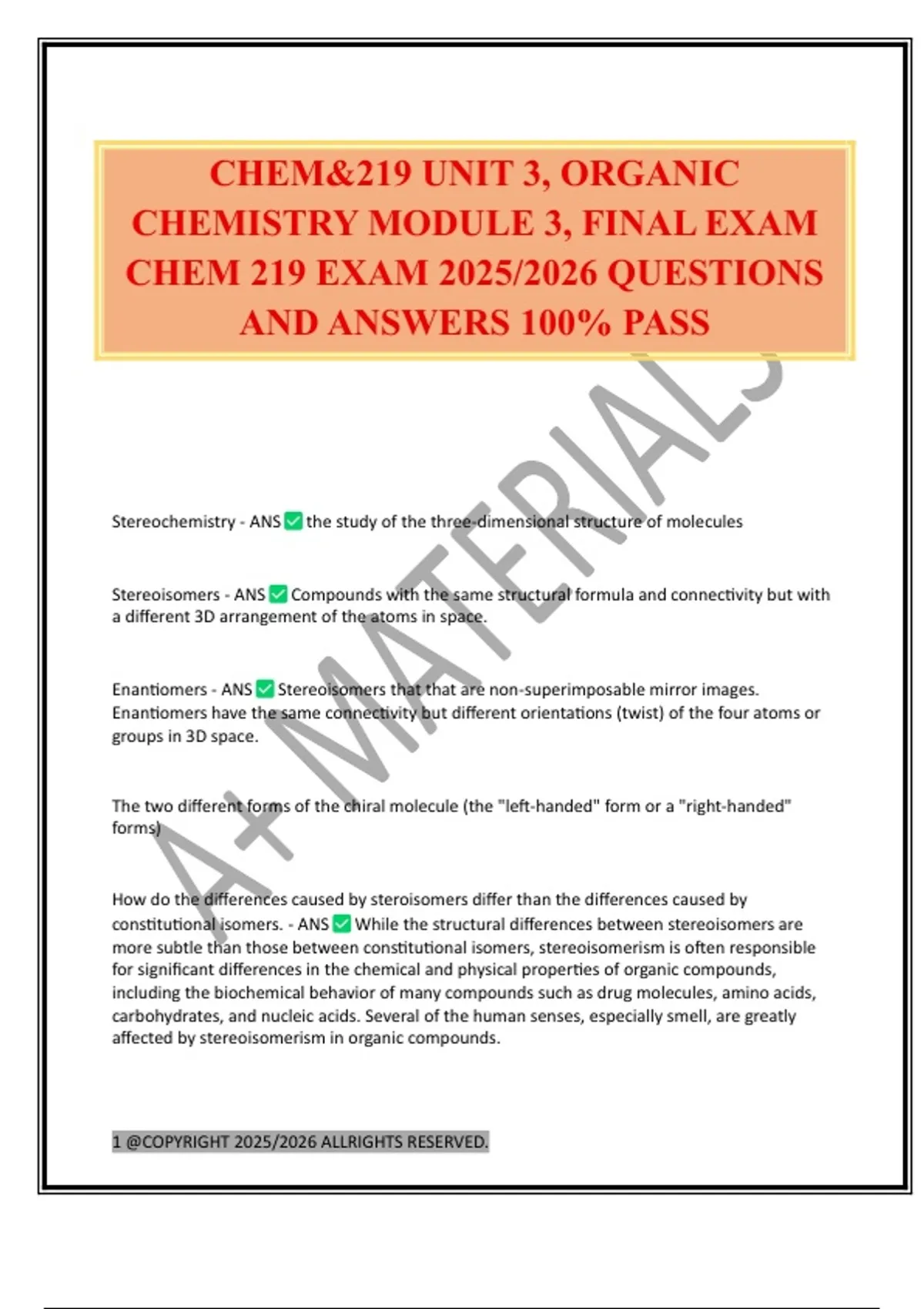 CHEM 219 FINAL EXAM 2025/2026 QUESTIONS AND ANSWERS 100% PASS - CHEM ...