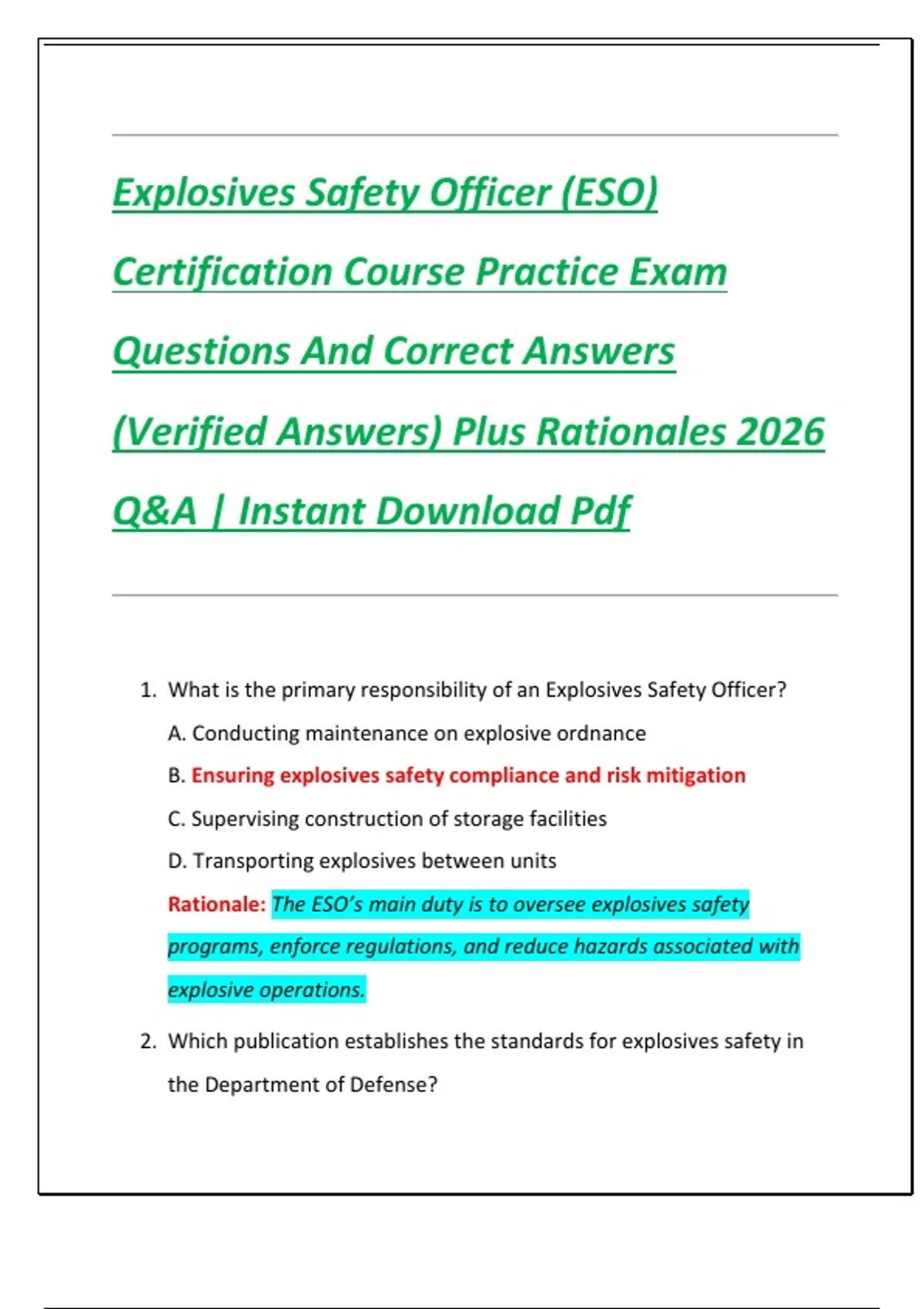 Explosives Safety Officer (ESO) Certification Course Practice Exam ...