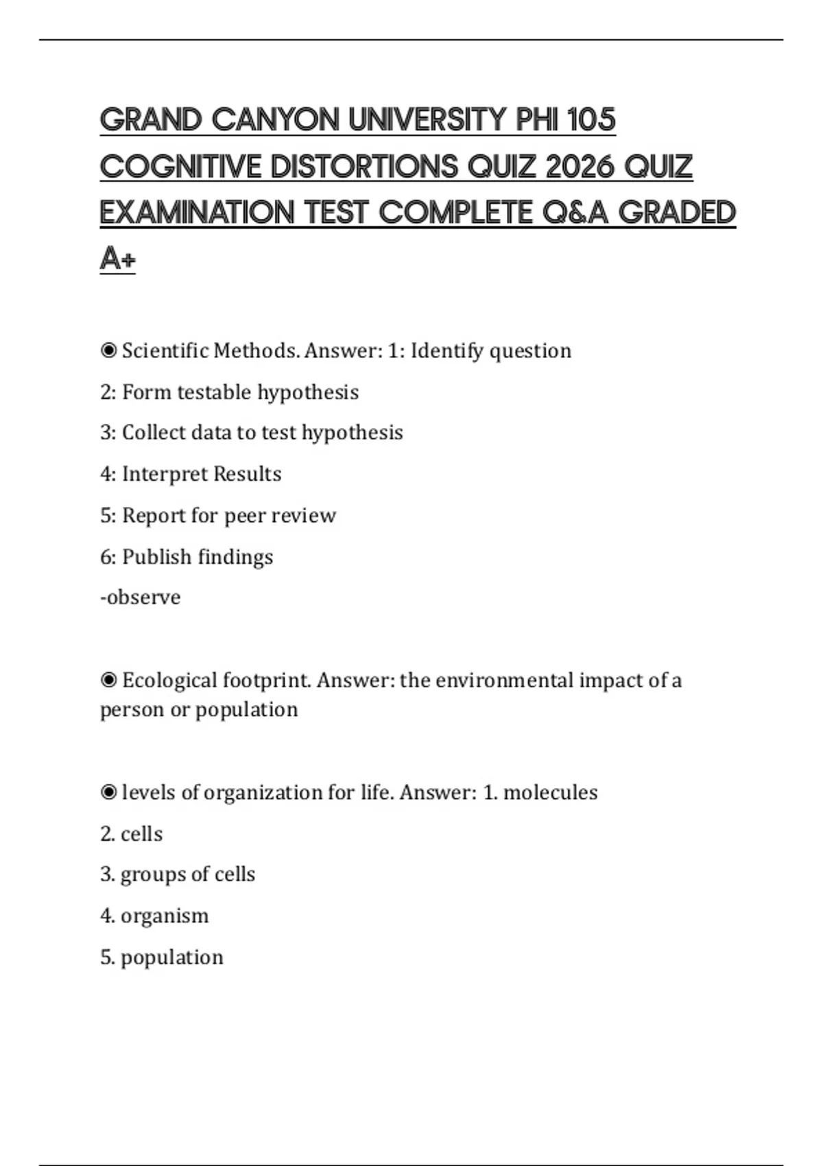 GRAND CANYON UNIVERSITY PHI 105 COGNITIVE DISTORTIONS QUIZ 2026 QUIZ ...