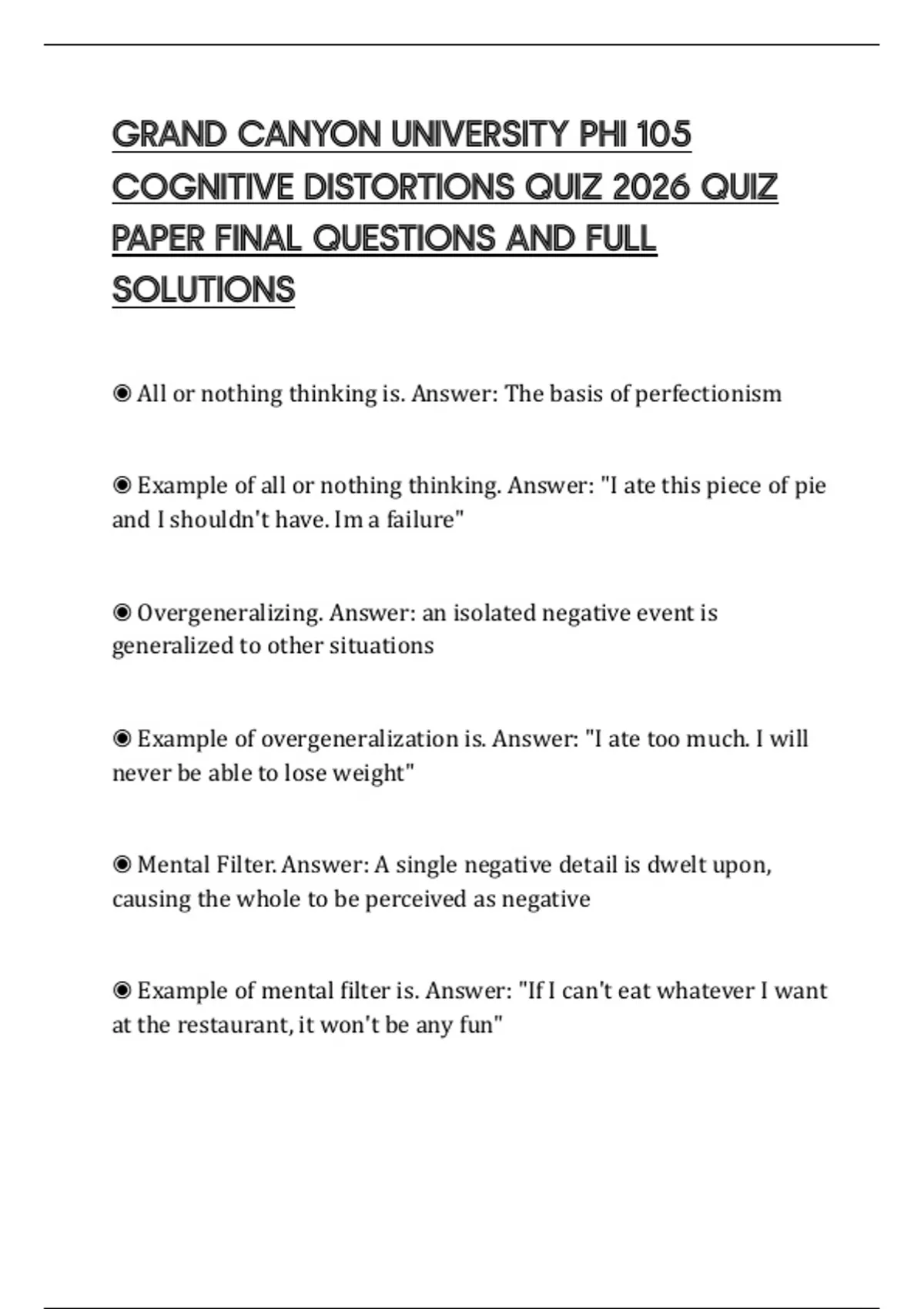 GRAND CANYON UNIVERSITY PHI 105 COGNITIVE DISTORTIONS QUIZ 2026 QUIZ ...