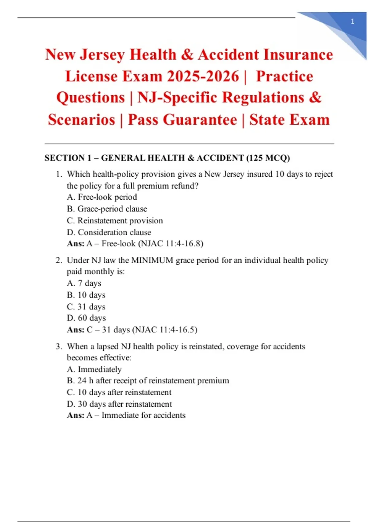 New Jersey Health & Accident Insurance License Exam | 150 Practice ...