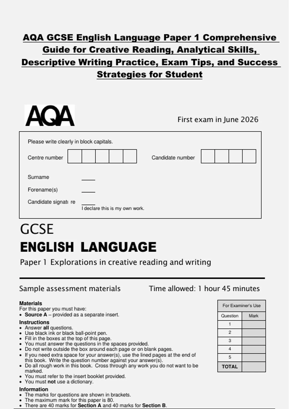 AQA GCSE English Language Paper 1 Comprehensive Guide for Creative ...