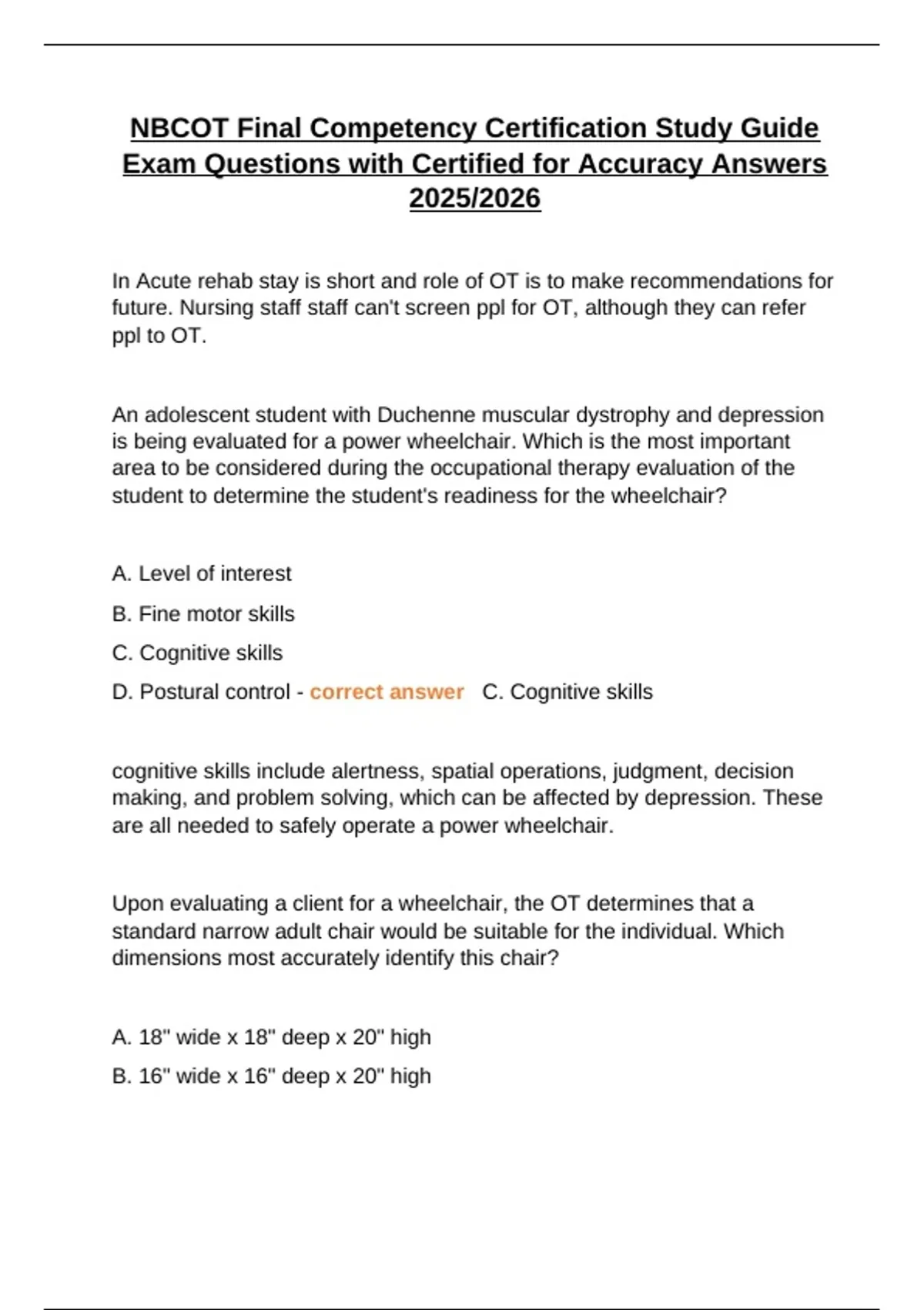 NBCOT Final Competency Certification Study Guide Exam Questions with ...