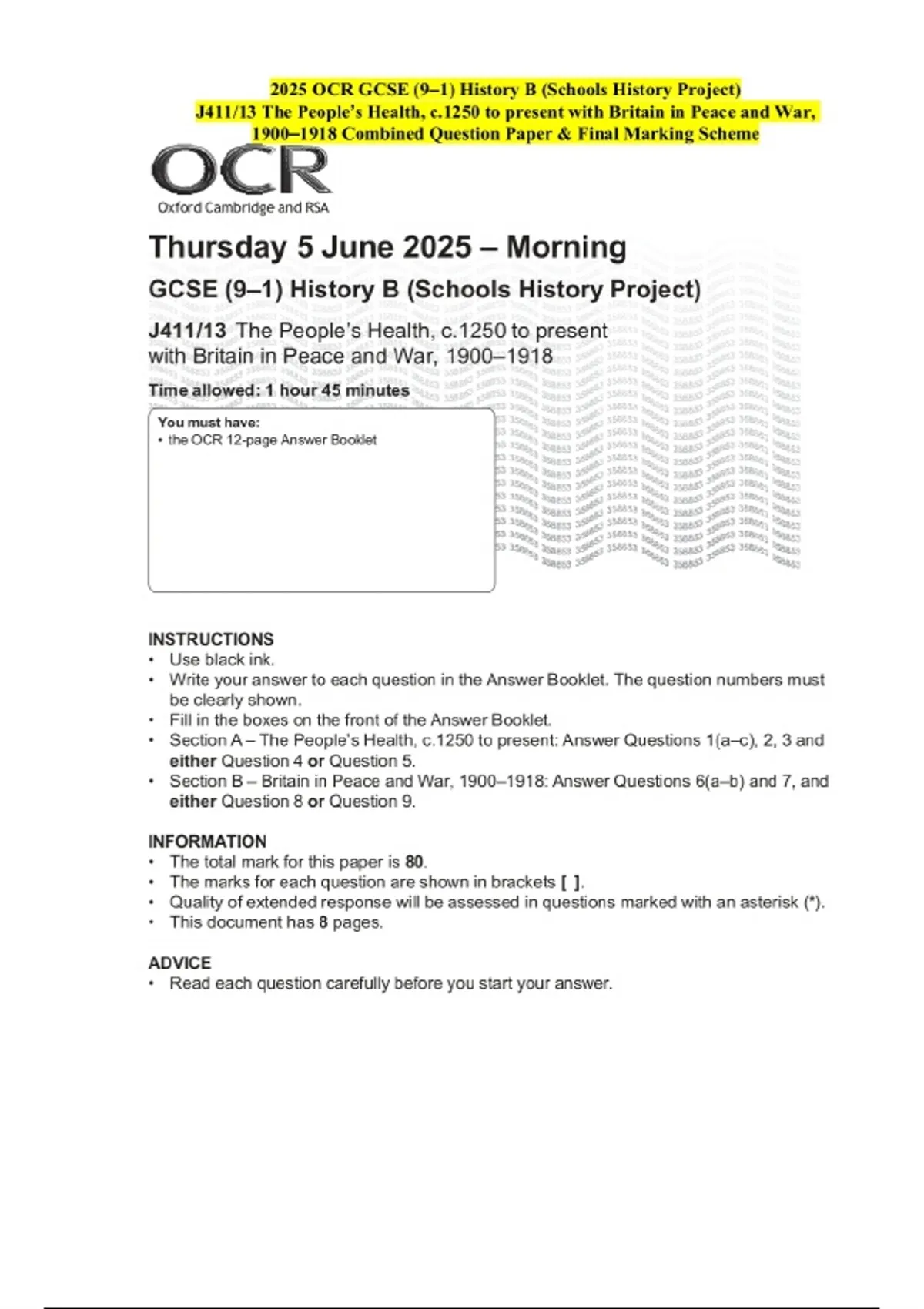 2025 OCR GCSE (9–1) History B (Schools History Project) J411/13 The ...