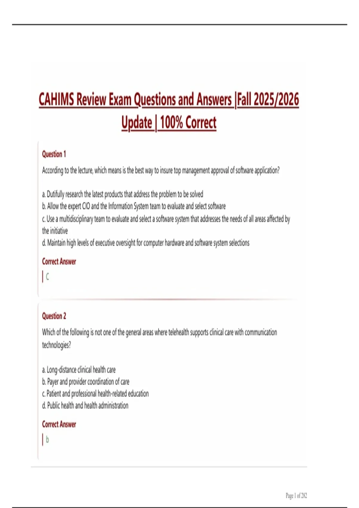 CAHIMS Review Exam Questions and Answers |Fall 2025/2026 Update | 100% ...