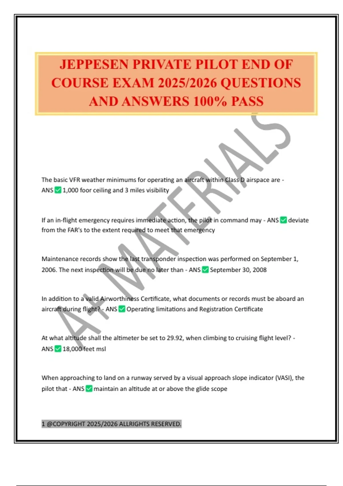 JEPPESEN PRIVATE PILOT END OF COURSE EXAM 2025/2026 QUESTIONS AND ...