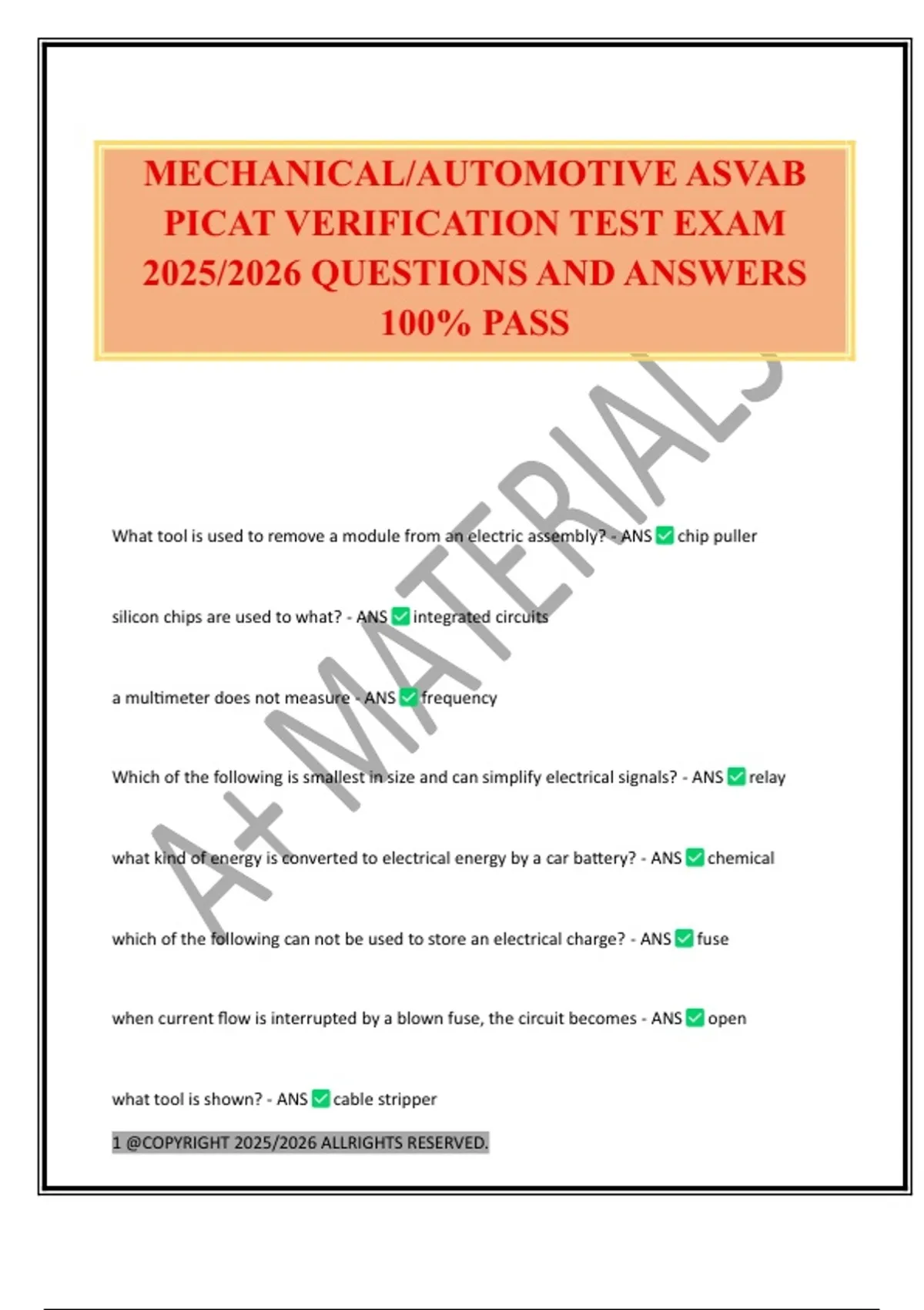 MECHANICAL/AUTOMOTIVE ASVAB PICAT VERIFICATION TEST EXAM 2025/2026 ...