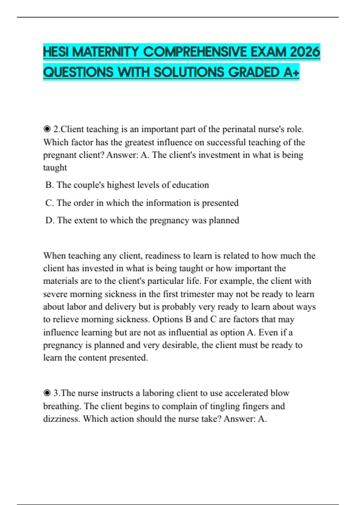 HESI MATERNITY COMPREHENSIVE EXAM 2026 QUESTIONS WITH SOLUTIONS GRADED ...