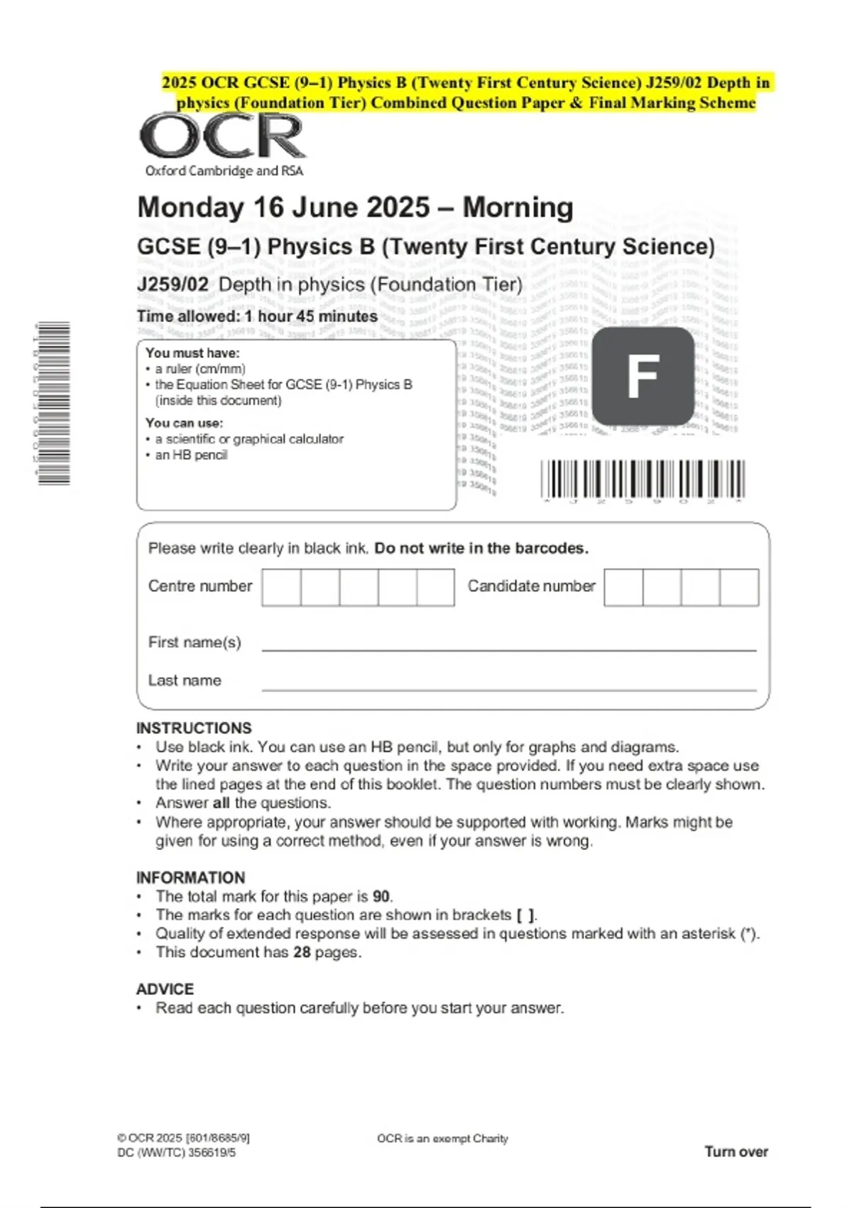 2025 OCR GCSE (9–1) Physics B (Twenty First Century Science) J259/02 ...
