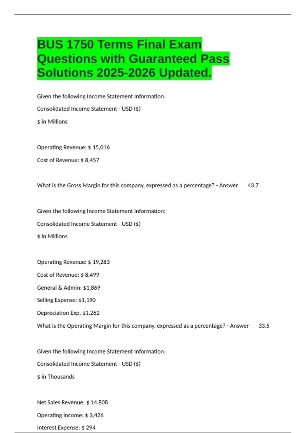 BUS 1750 Terms Final Exam Questions with Guaranteed Pass Solutions ...