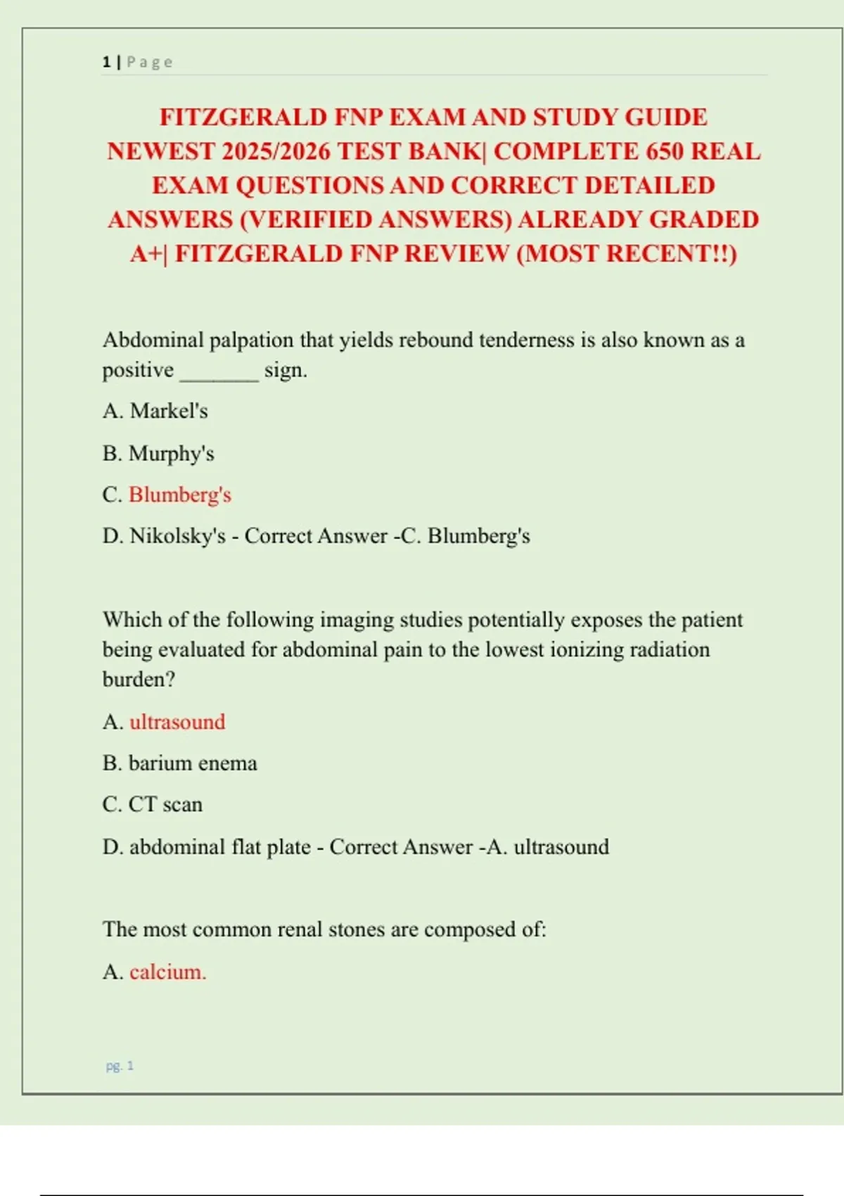 FITZGERALD FNP EXAM AND STUDY GUIDE NEWEST 2025/2026 TEST BANK ...