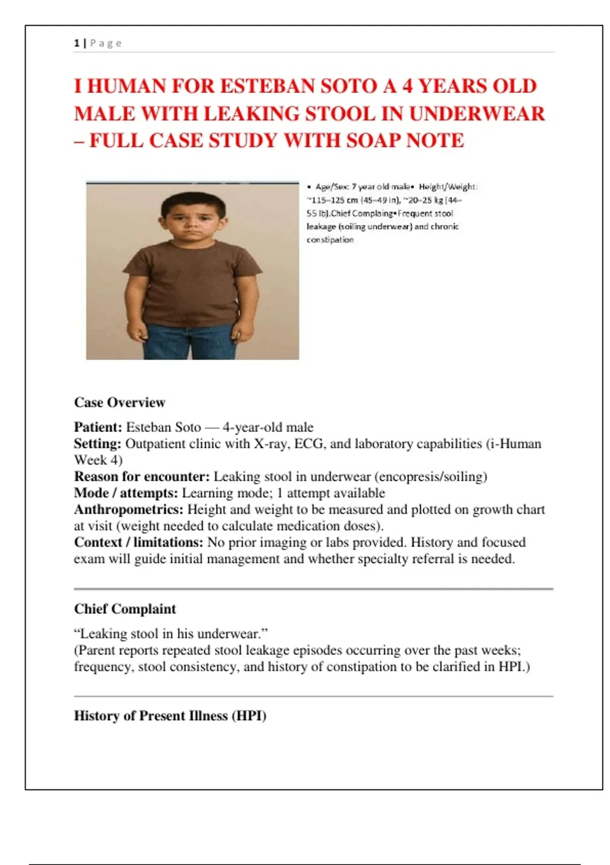 I HUMAN FOR ESTEBAN SOTO A 4 YEARS OLD MALE WITH LEAKING STOOL IN ...