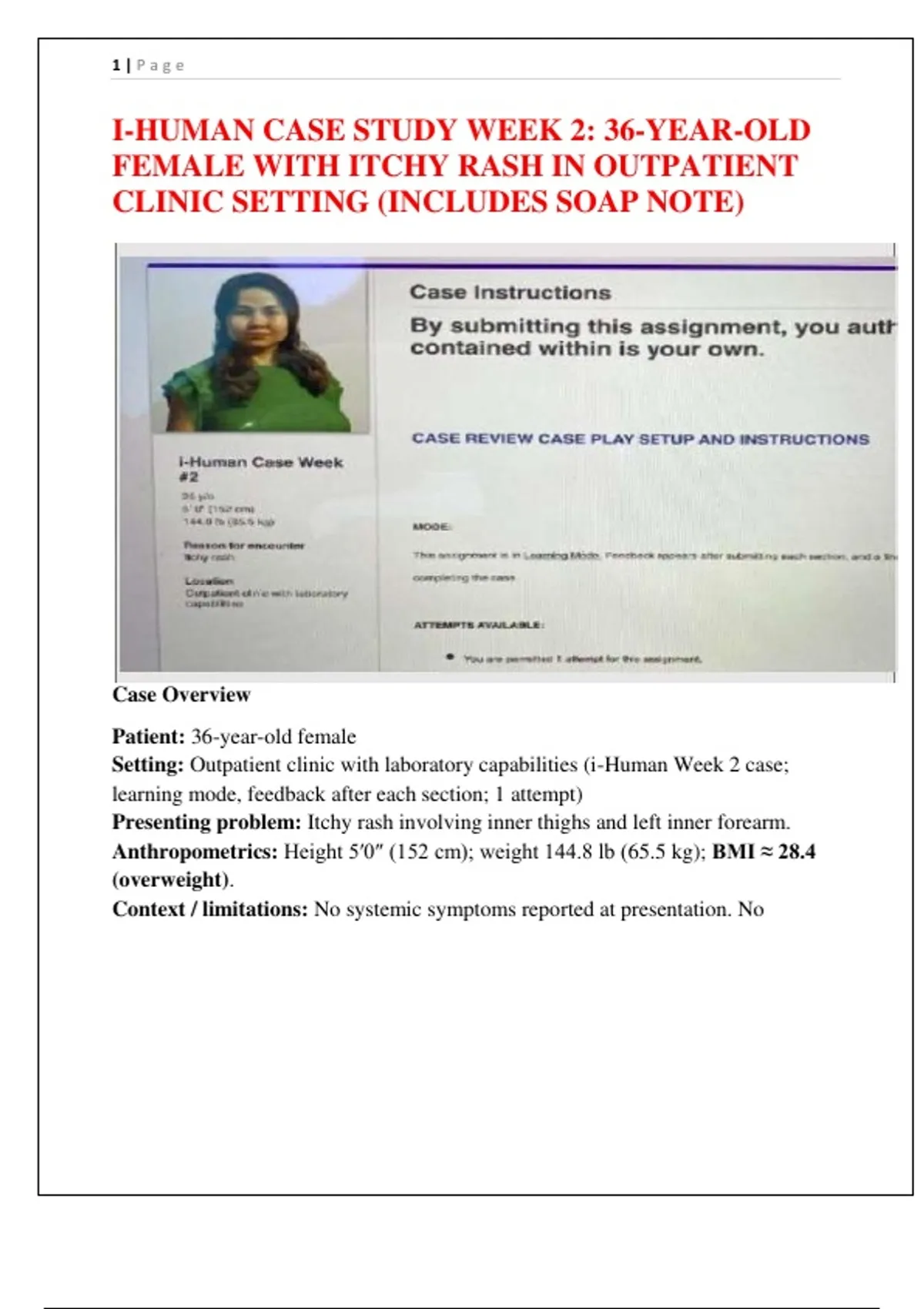 I-HUMAN CASE STUDY WEEK 2: 36-YEAR-OLD FEMALE WITH ITCHY RASH IN ...