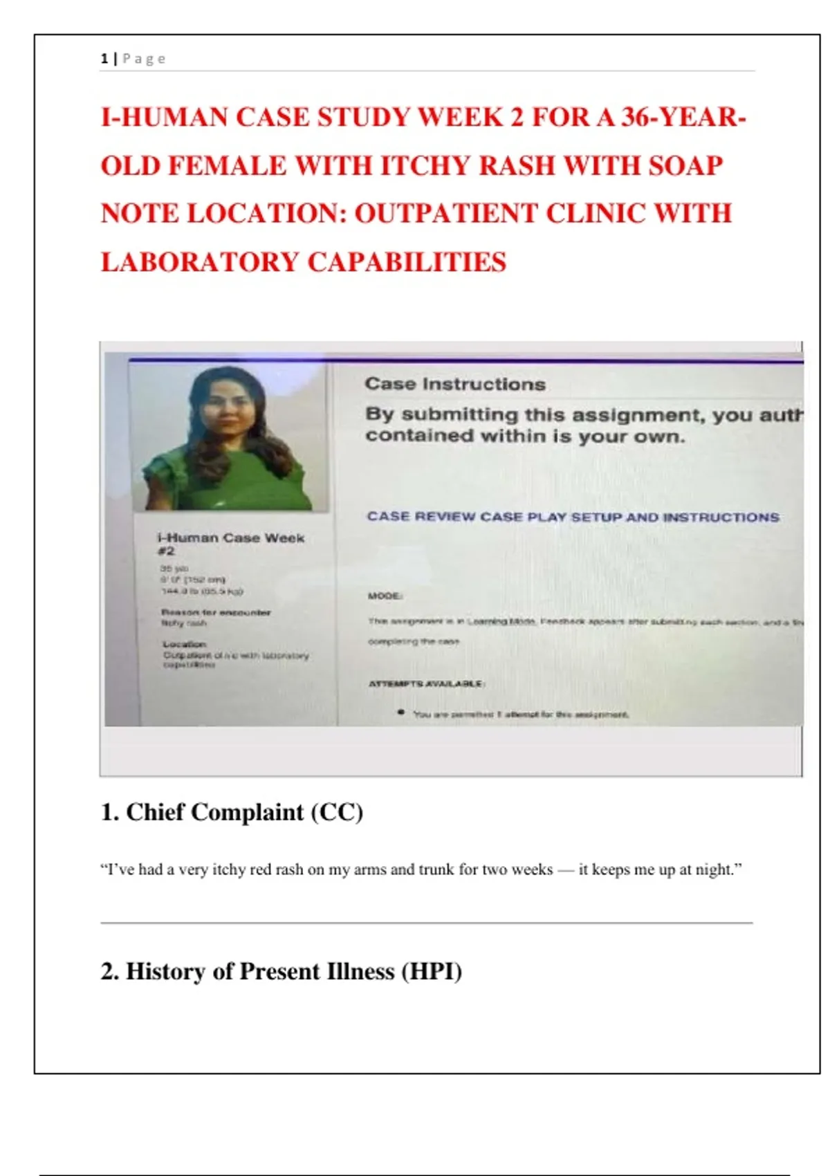 I-HUMAN CASE STUDY WEEK 2 FOR A 36-YEAR OLD FEMALE WITH ITCHY RASH WITH ...