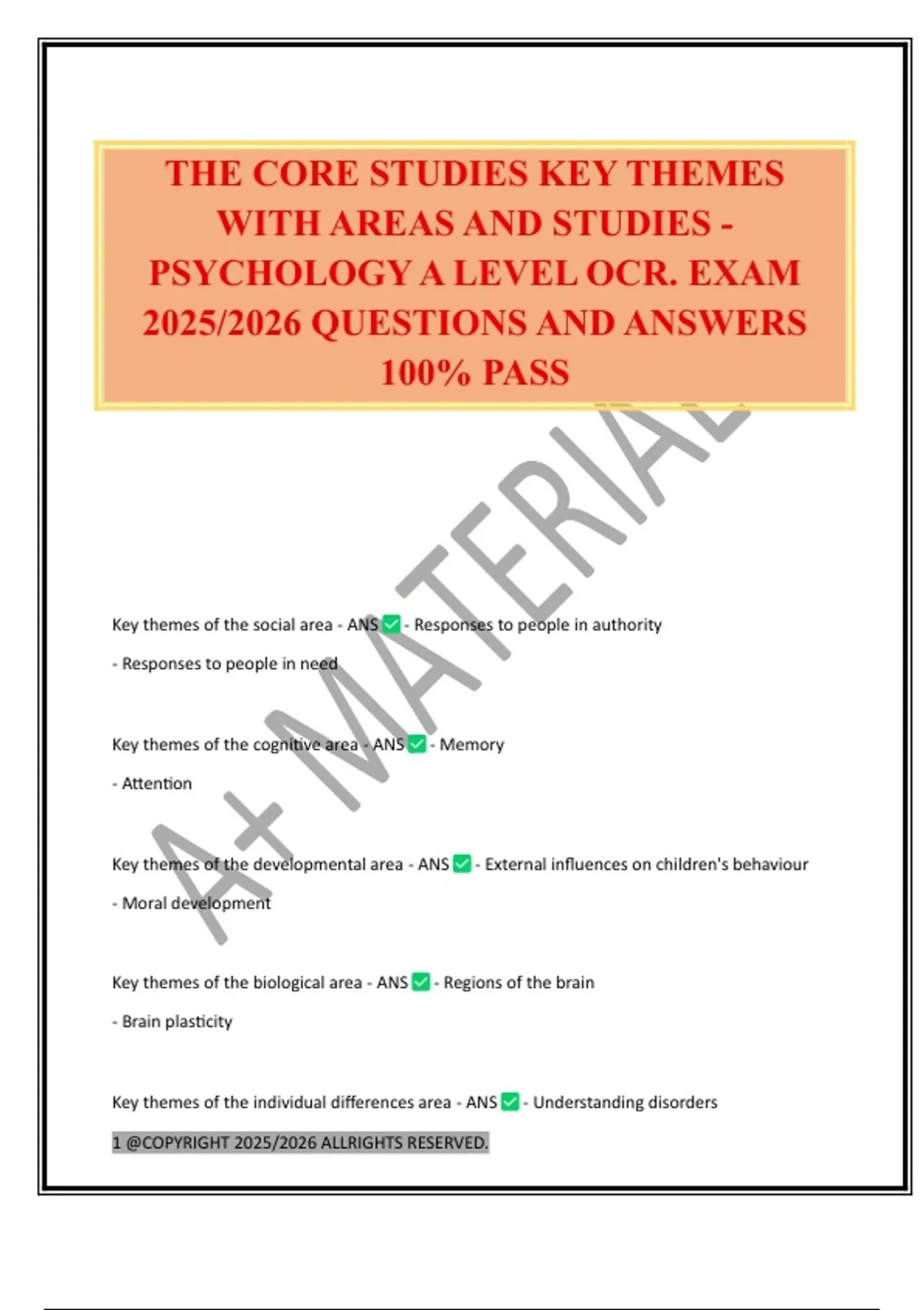 THE CORE STUDIES KEY THEMES WITH AREAS AND STUDIES - PSYCHOLOGY A LEVEL ...