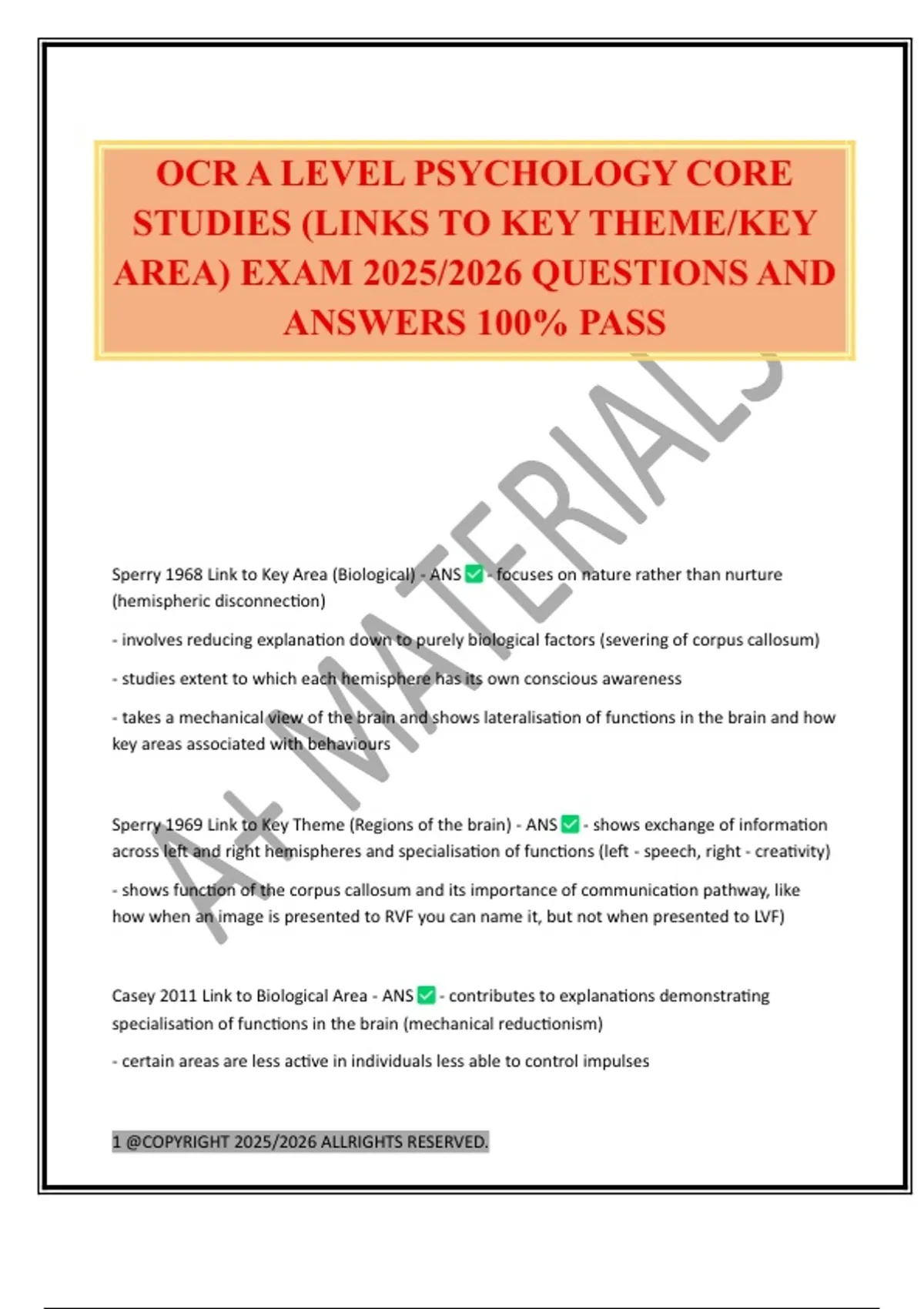 OCR A LEVEL PSYCHOLOGY CORE STUDIES (LINKS TO KEY THEME/KEY AREA) EXAM ...
