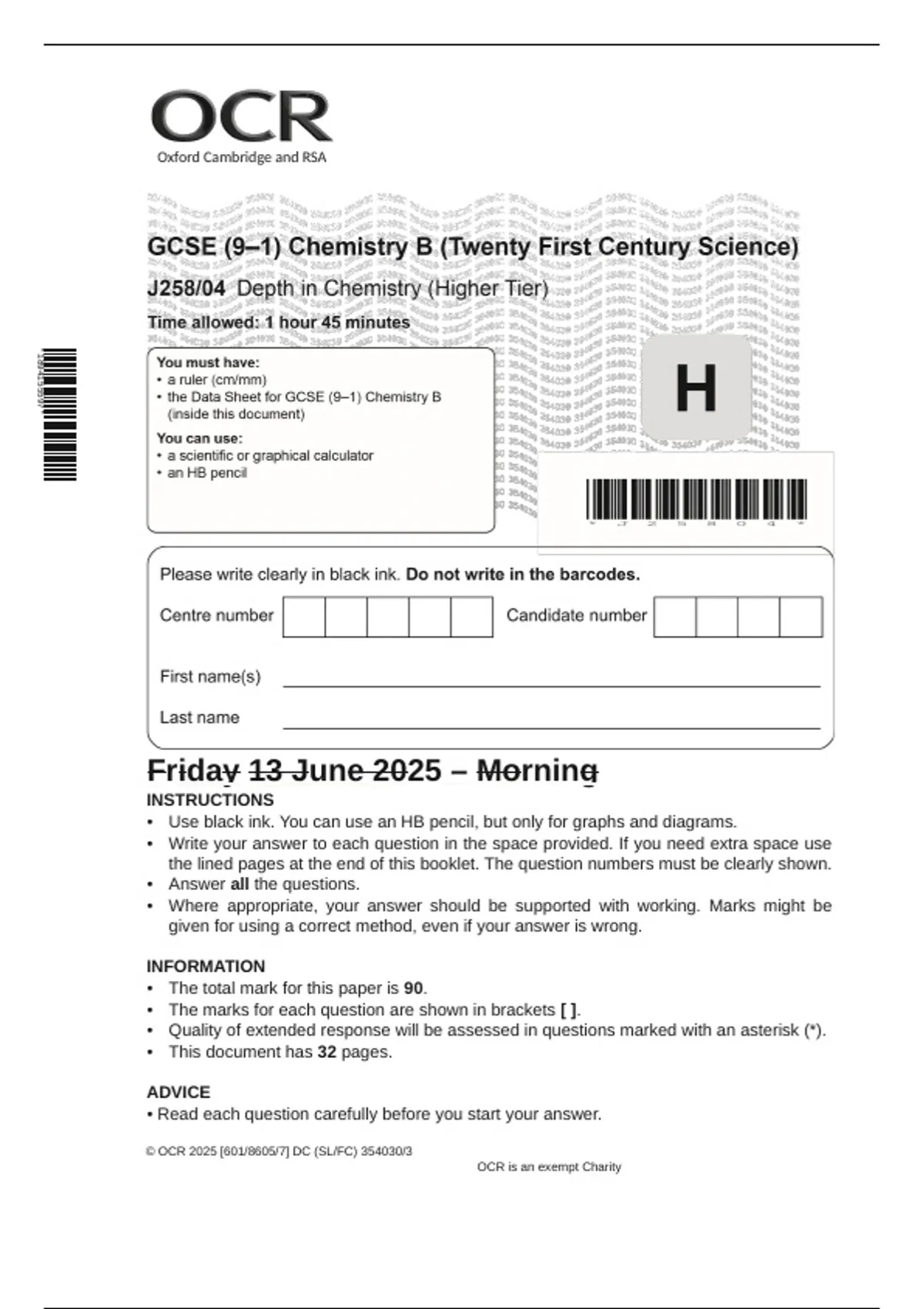 OCR GCSE Chemistry B – Depth in Chemistry (Higher Tier, 2025) Actual ...
