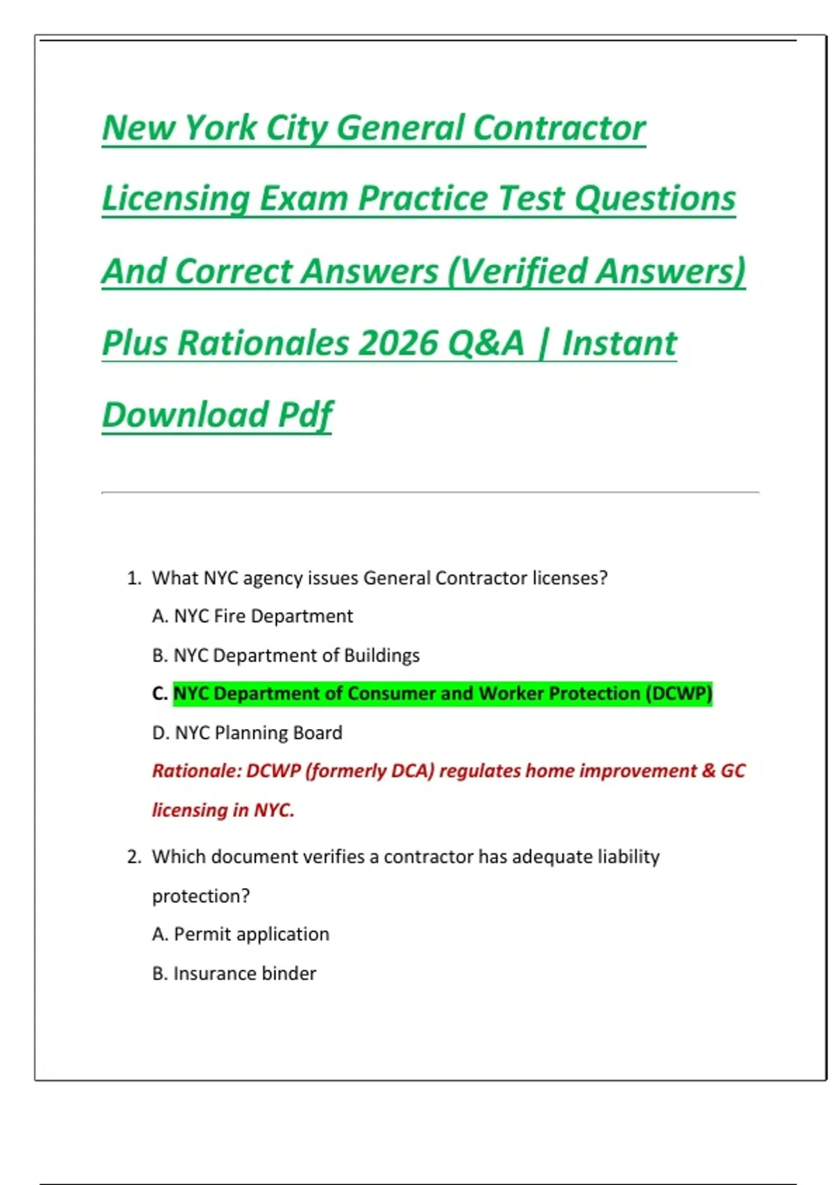New York City General Contractor Licensing Exam – Practice Test ...