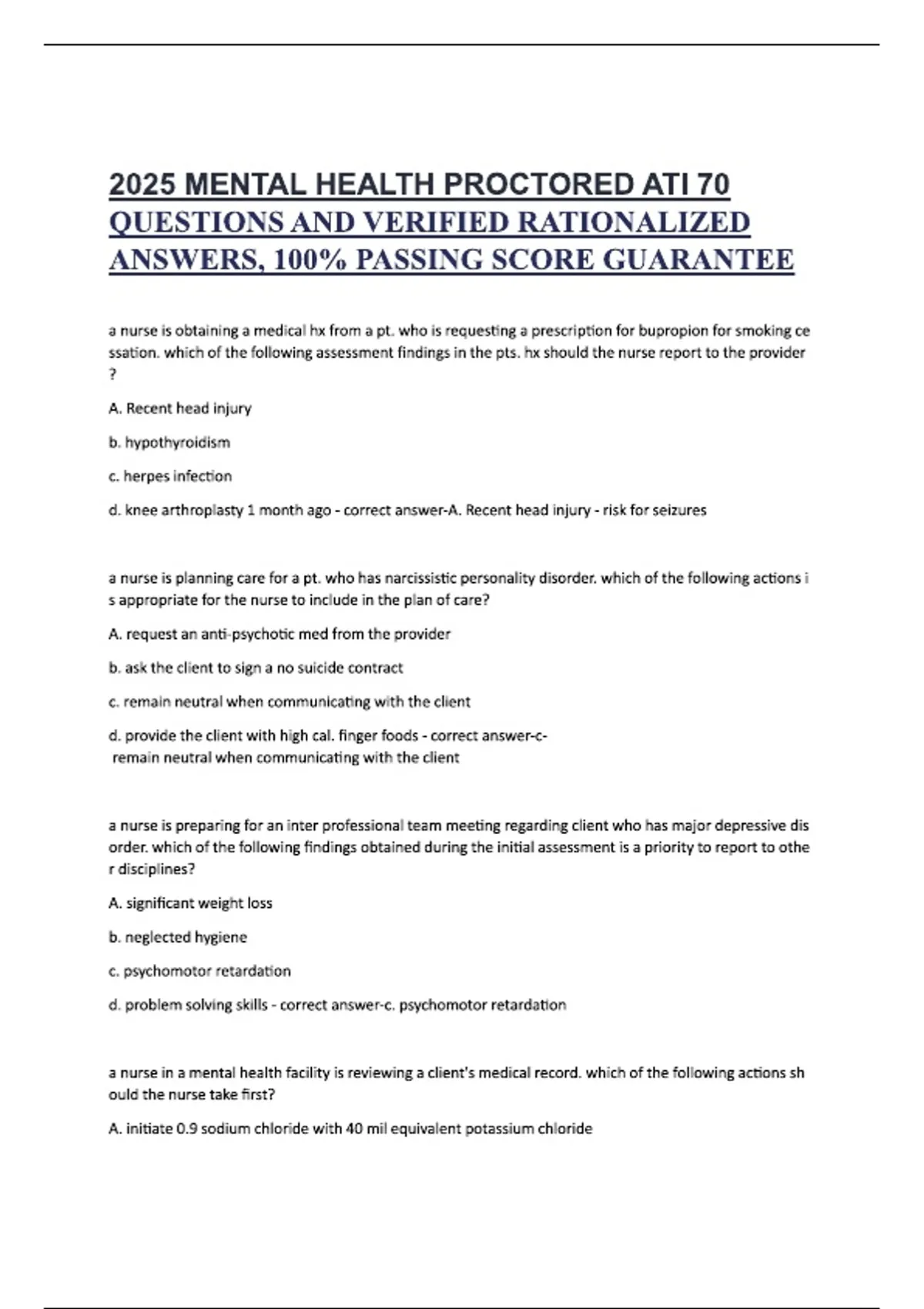 2026 MENTAL HEALTH PROCTORED ATI 70 QUESTOND AND ANSWERS , 100% PASSING ...