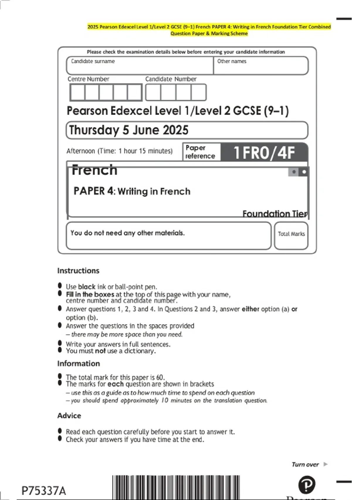 2025 Pearson Edexcel Level 1/Level 2 GCSE (9–1) French PAPER 4: Writing ...