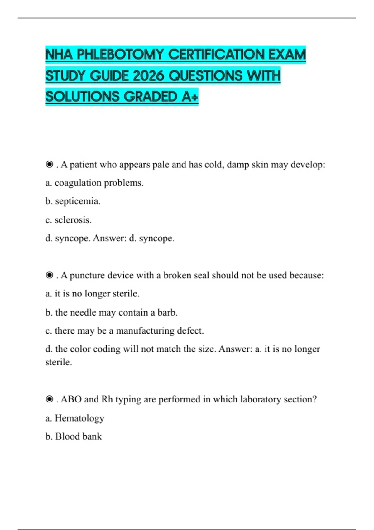 NHA PHLEBOTOMY CERTIFICATION EXAM STUDY GUIDE 2026 QUESTIONS WITH ...