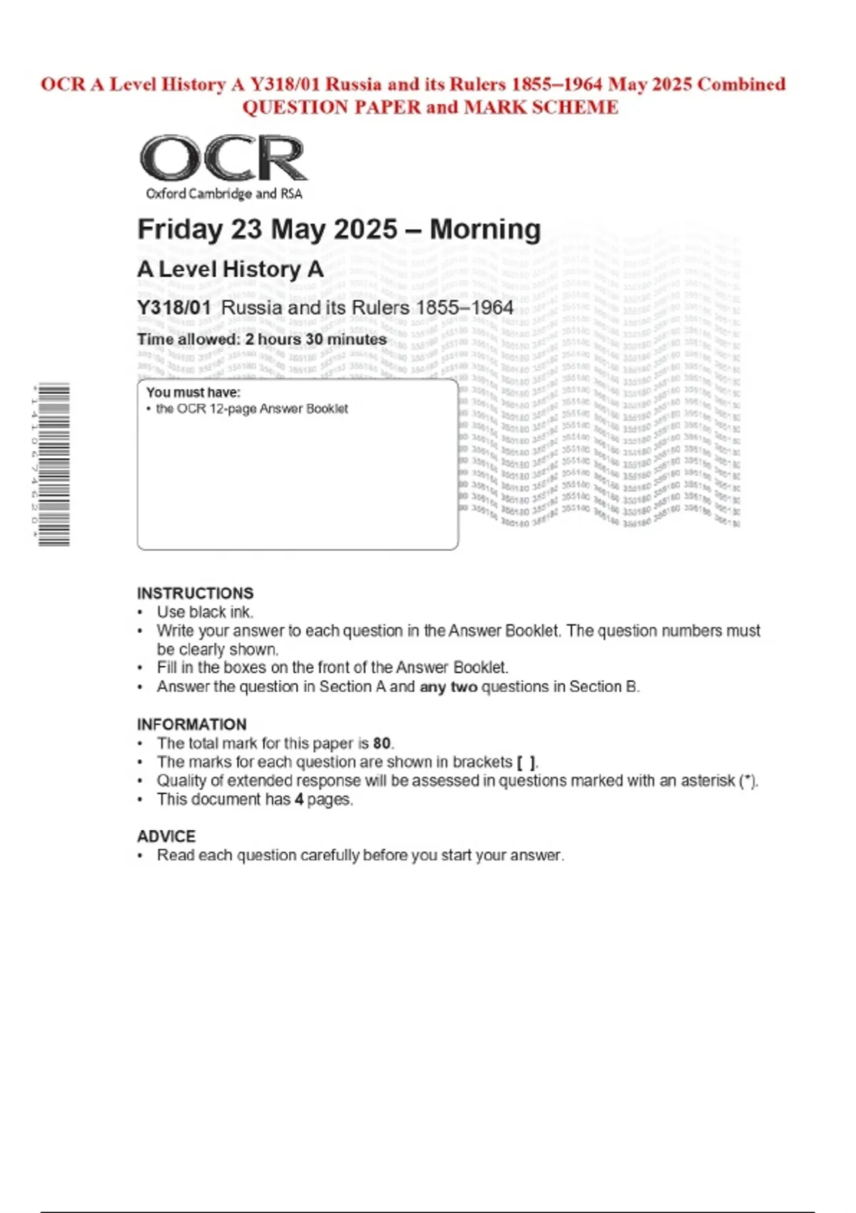 OCR A Level History A Y318/01 Russia and its Rulers 1855–1964 May 2025 ...