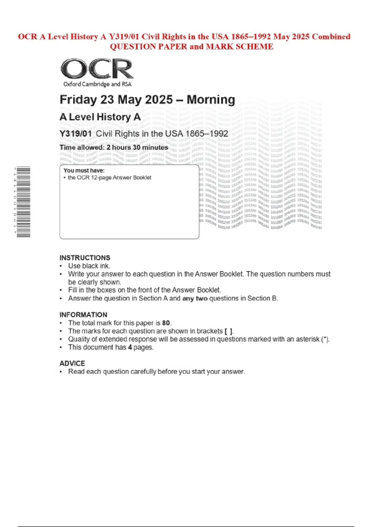 OCR A Level History A Y319/01 Civil Rights in the USA 1865–1992 May ...
