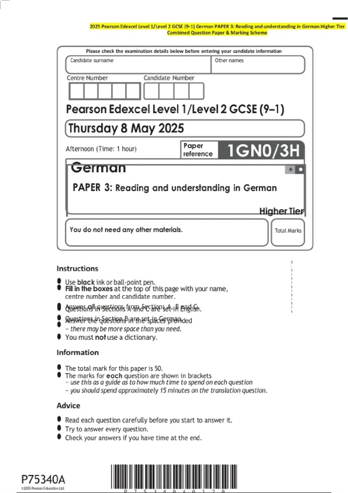 2025 Pearson Edexcel Level 1/Level 2 GCSE (9–1) German PAPER 3: Reading ...