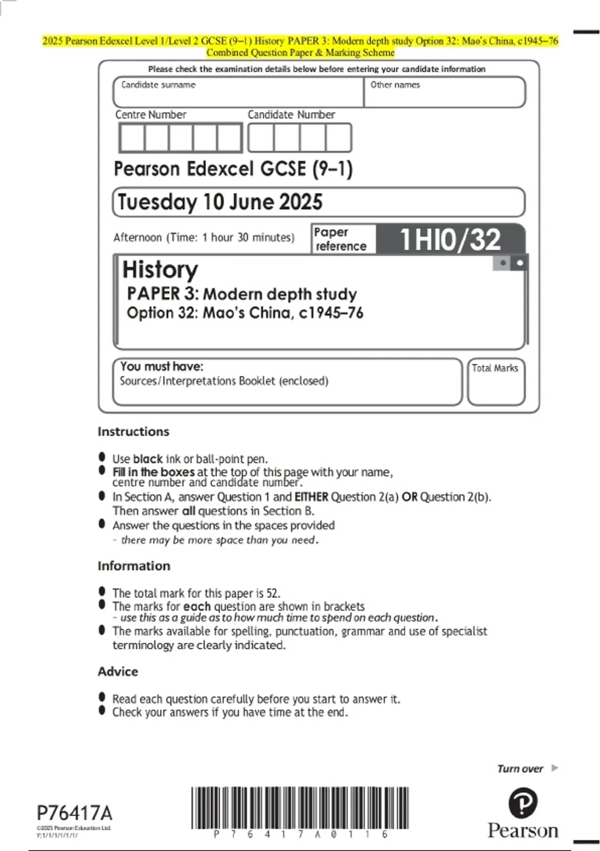 2025 Pearson Edexcel Level 1/Level 2 GCSE (9–1) History PAPER 3: Modern ...