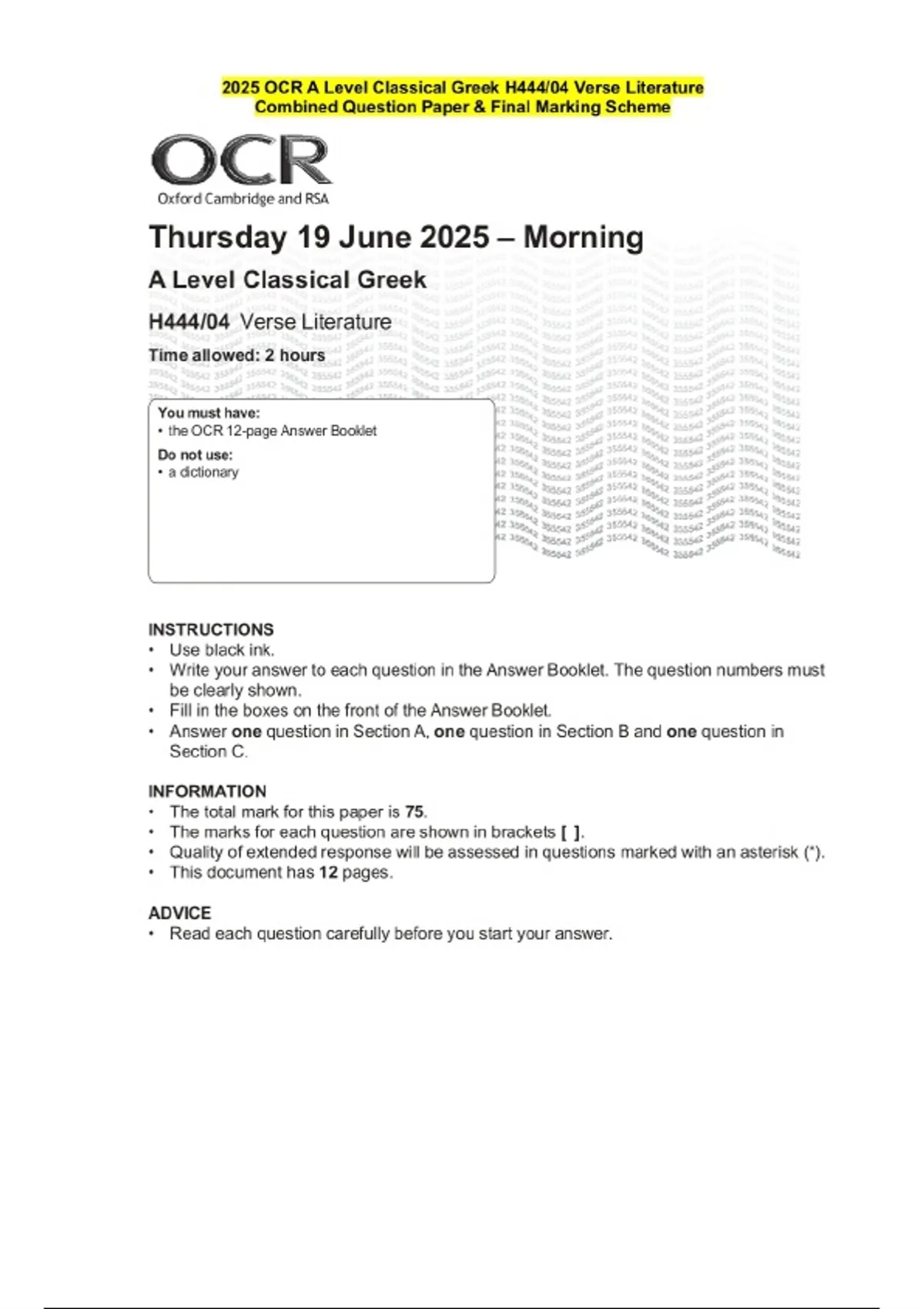 2025 OCR A Level Classical Greek H444/04 Verse Literature Question ...