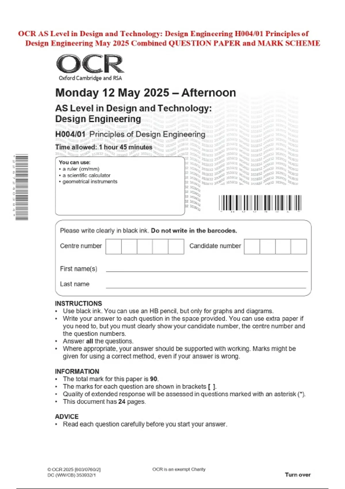 OCR AS Level in Design and Technology: Design Engineering H004/01 ...
