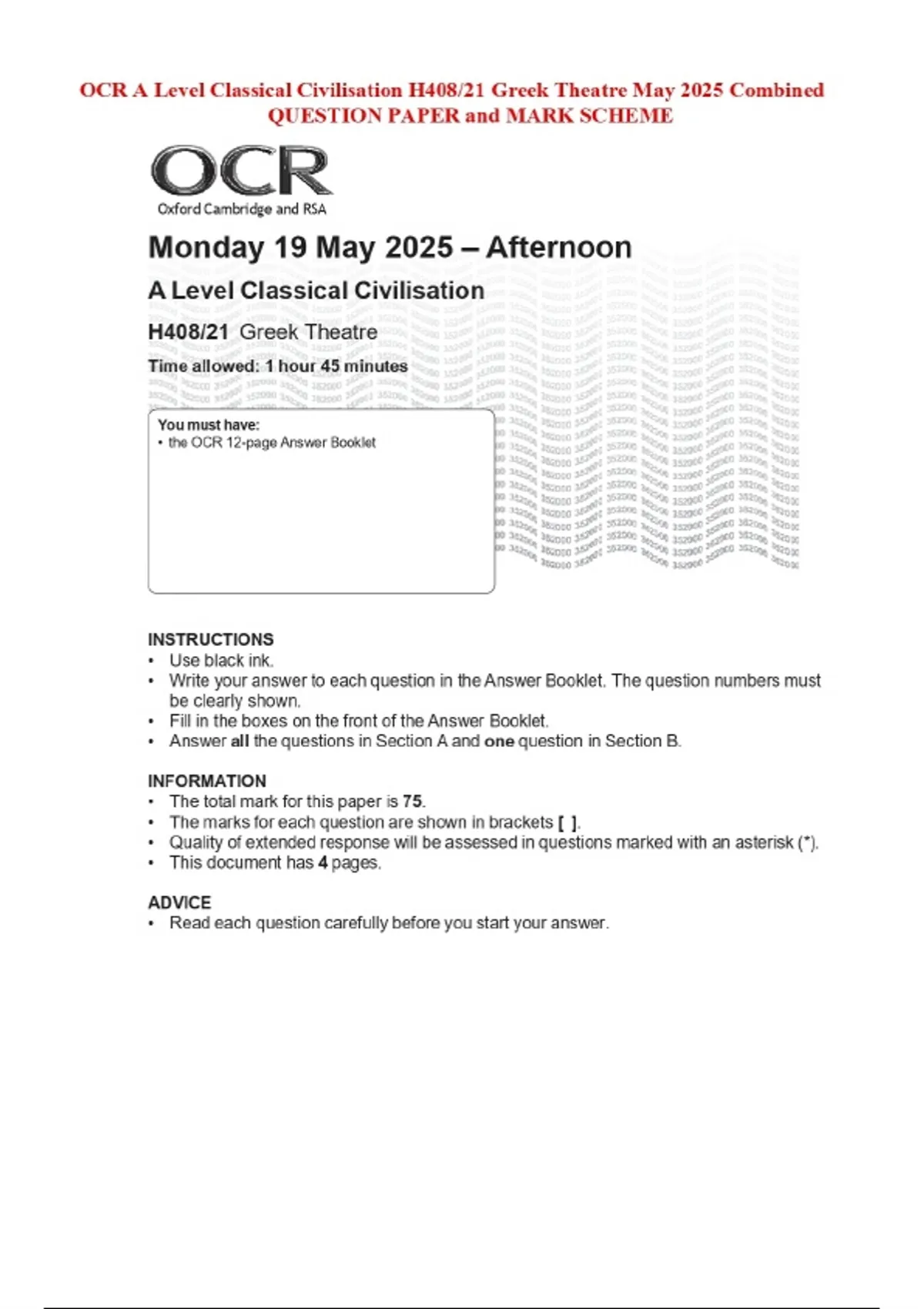 OCR A Level Classical Civilisation H408/21 Greek Theatre May 2025 ...
