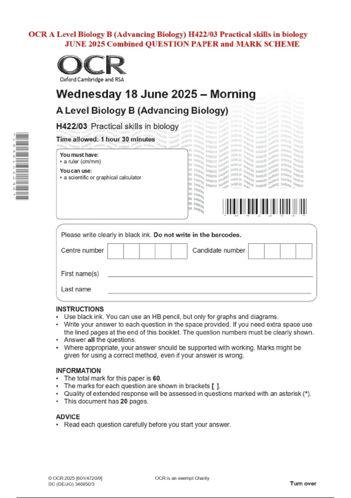 OCR A Level Biology B (Advancing Biology) H422/03 Practical skills in ...