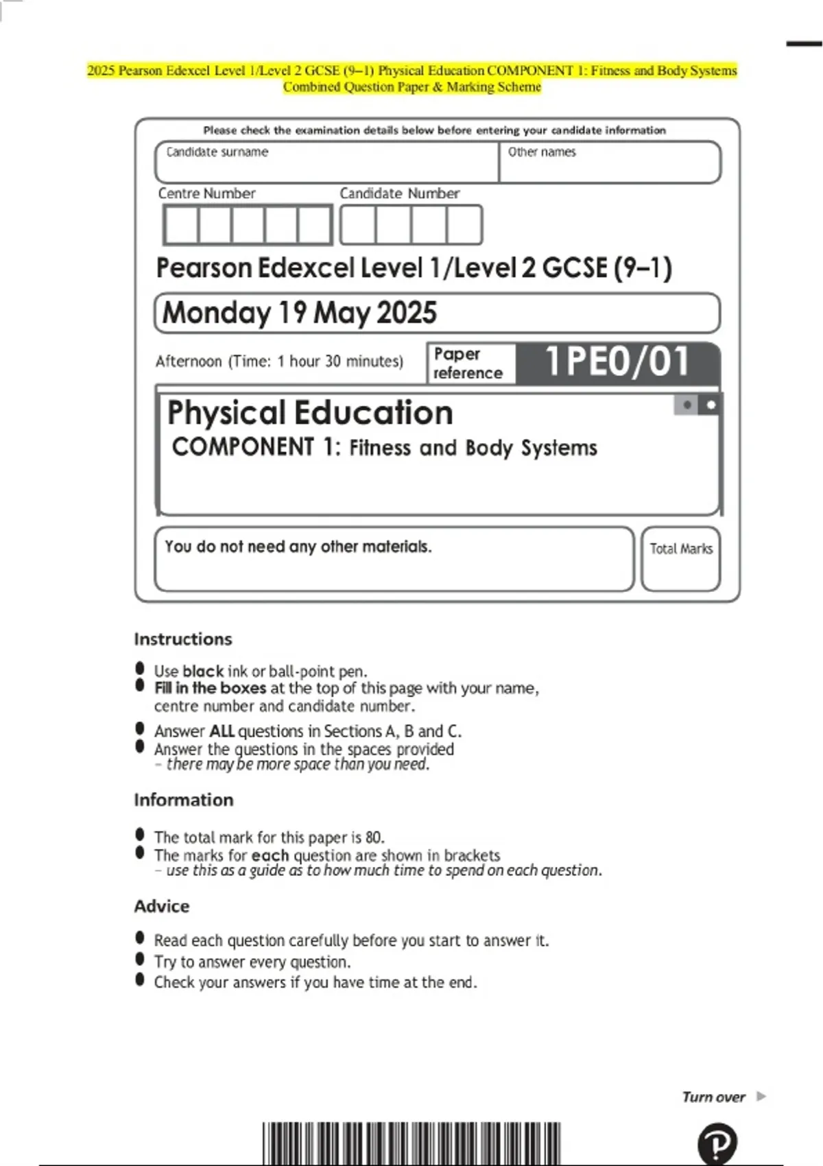 2025 Pearson Edexcel Level 1/Level 2 GCSE (9–1) Physical Education ...