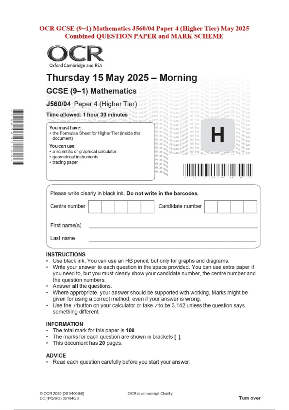 OCR GCSE (9–1) Mathematics J560/04 Paper 4 (Higher Tier) May 2025 ...